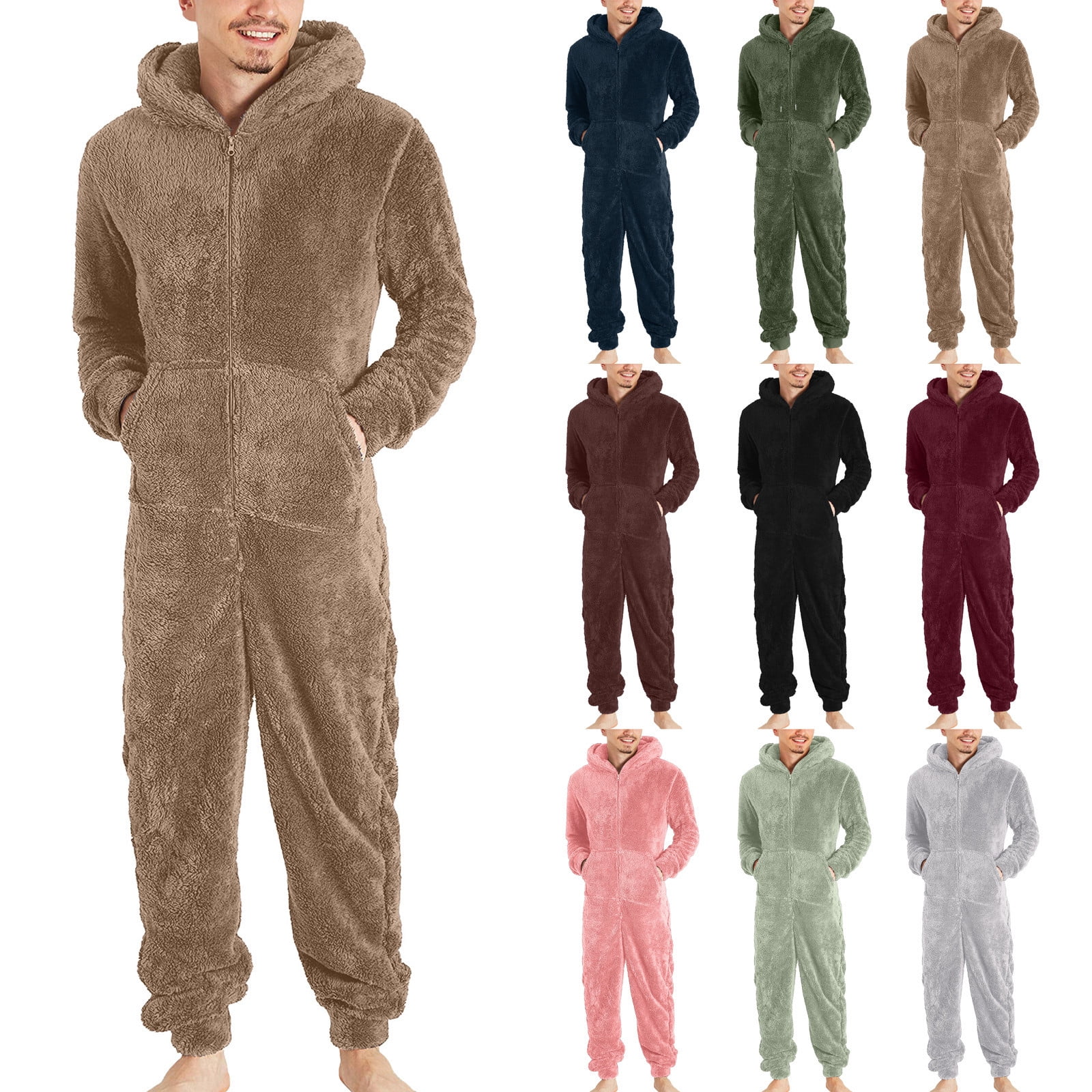 Winter Warm Teddy Fleece Pajamas for Men Plush Zipper Onesie Fluffy ...