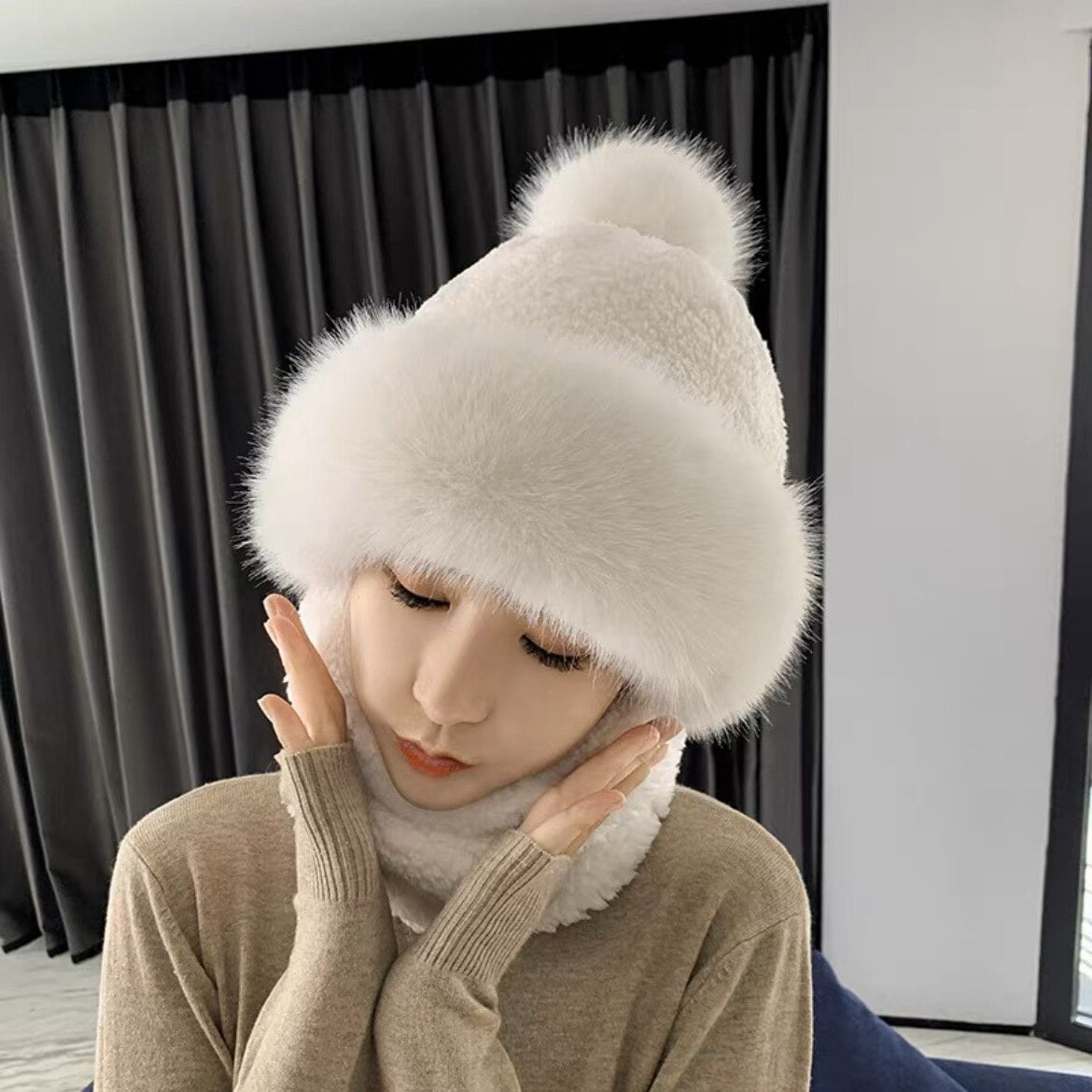 Winter Warm Wool Ski Mask Thick Masked Scarf Cold Proof Plush Hat Ear ...