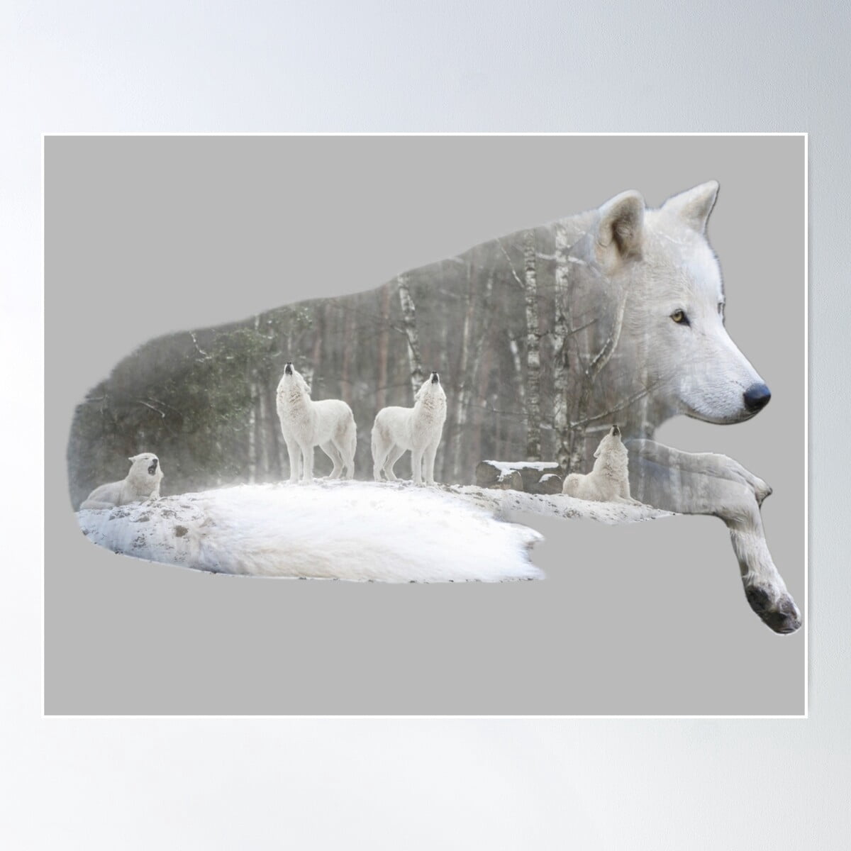 Winter White Wolf Double Exposure Poster Wall Art, Modern Wall Decor ...