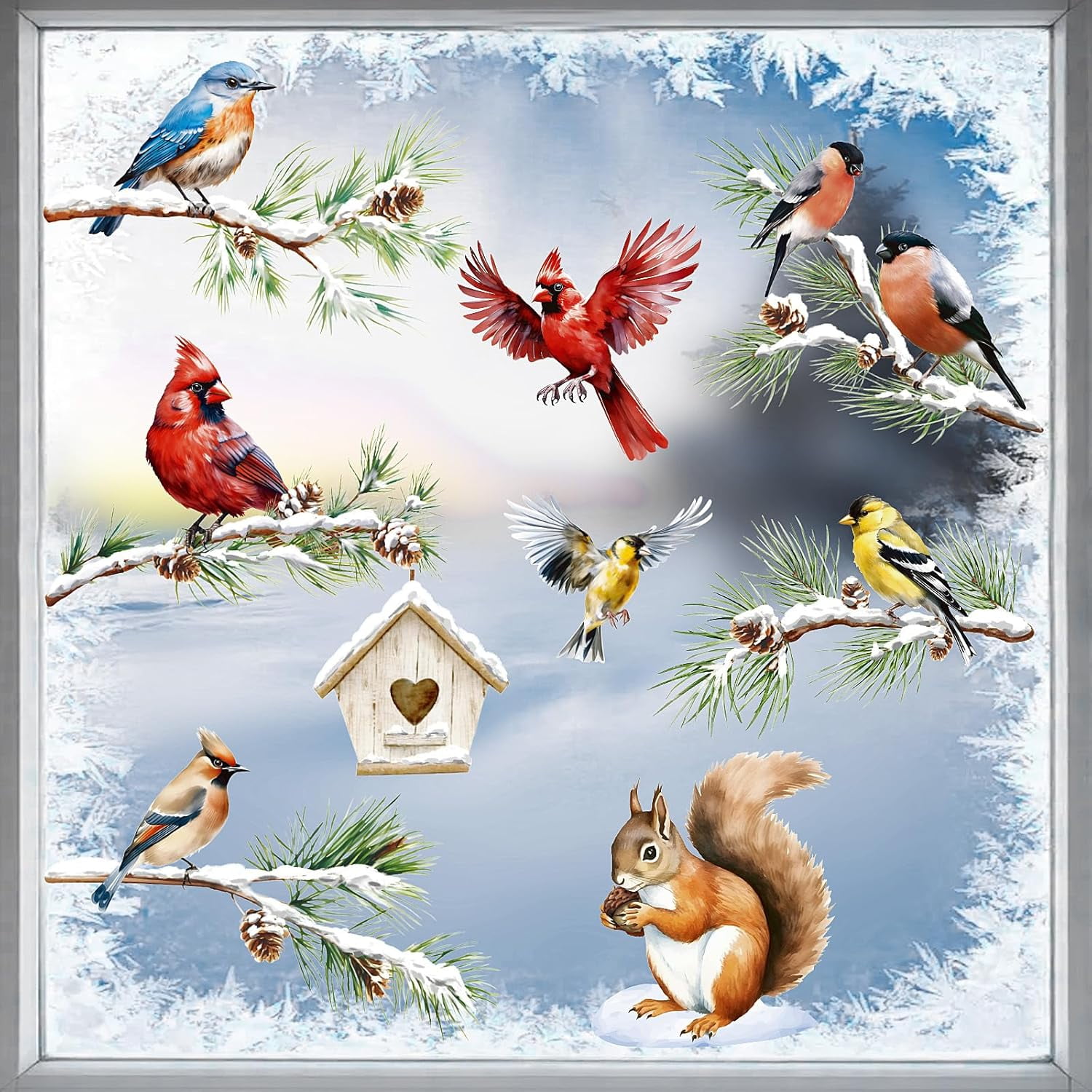 Winter Window Clings Christmas Birds Cardinal on Snowy Branch 7sheets ...