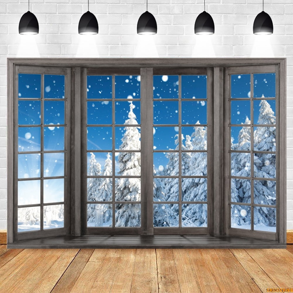 Winter Window Forest Backdrop Snow Sce Glitter Lights Pine Trees Xmas ...