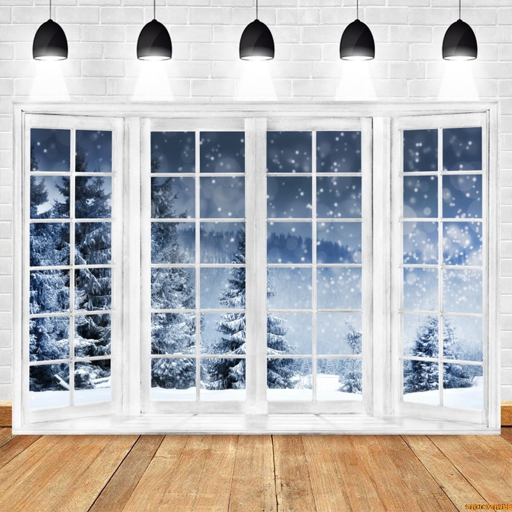 Winter Window Forest Backdrop Snow Sce Glitter Lights Pine Trees Xmas ...