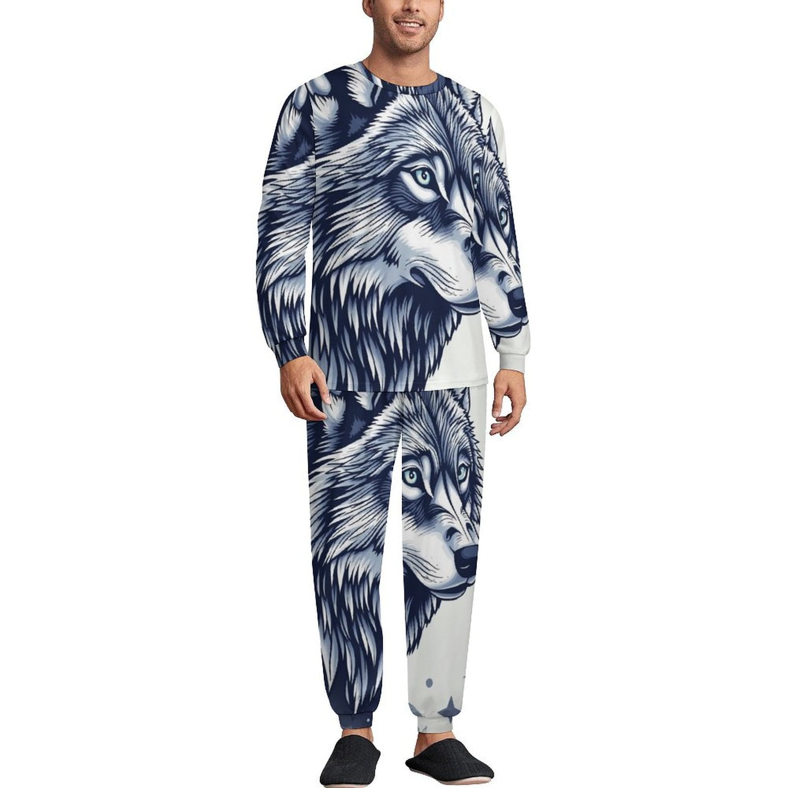 Winter Wolf Art Pajamas Men Home Suit Winter Long Sleeve 2 Piece Sleep ...