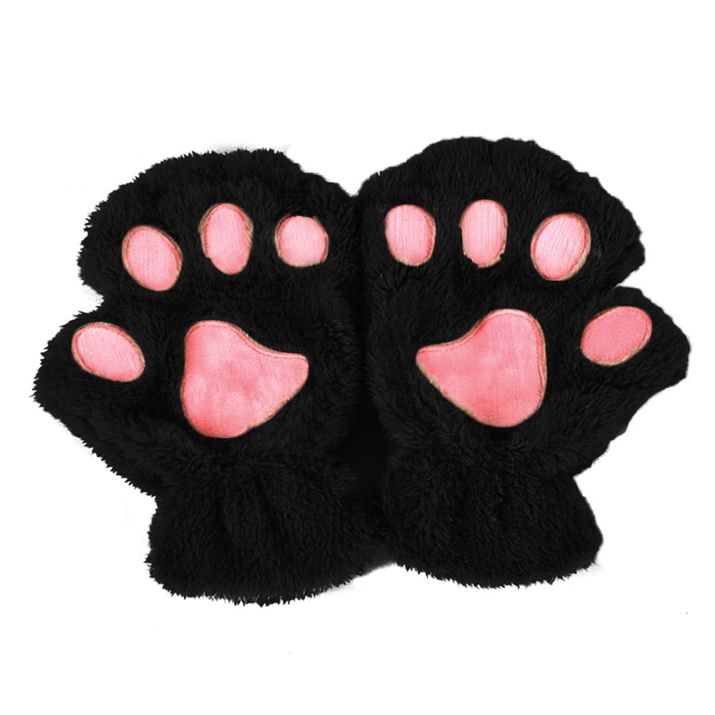 Winter Women Cute Cat Paw Claw Plush Mittens Short Fingerless Finger ...