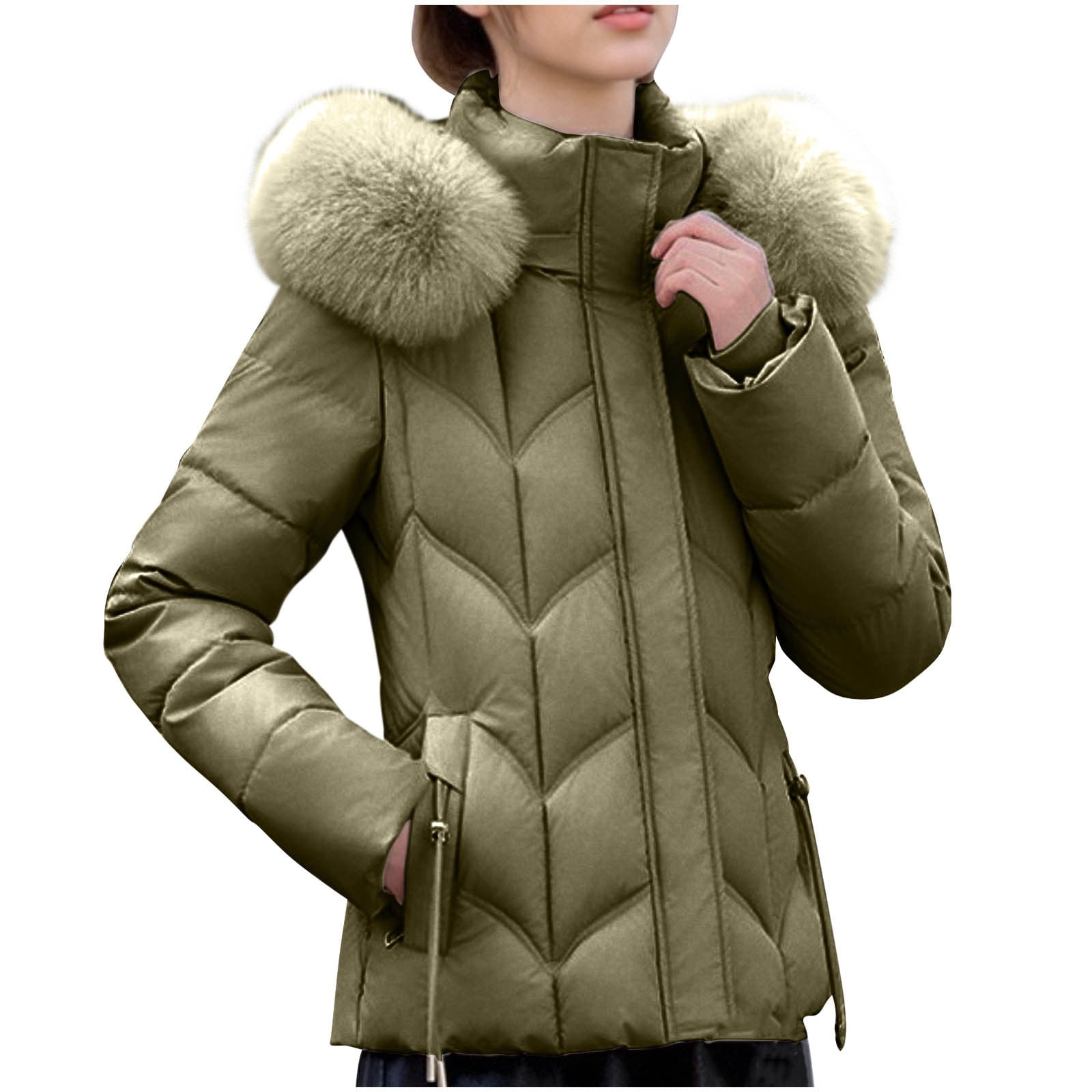 Winter Down Women Fur Collar Hood Parka Long Sleeve Quilted Puffer Coat ...
