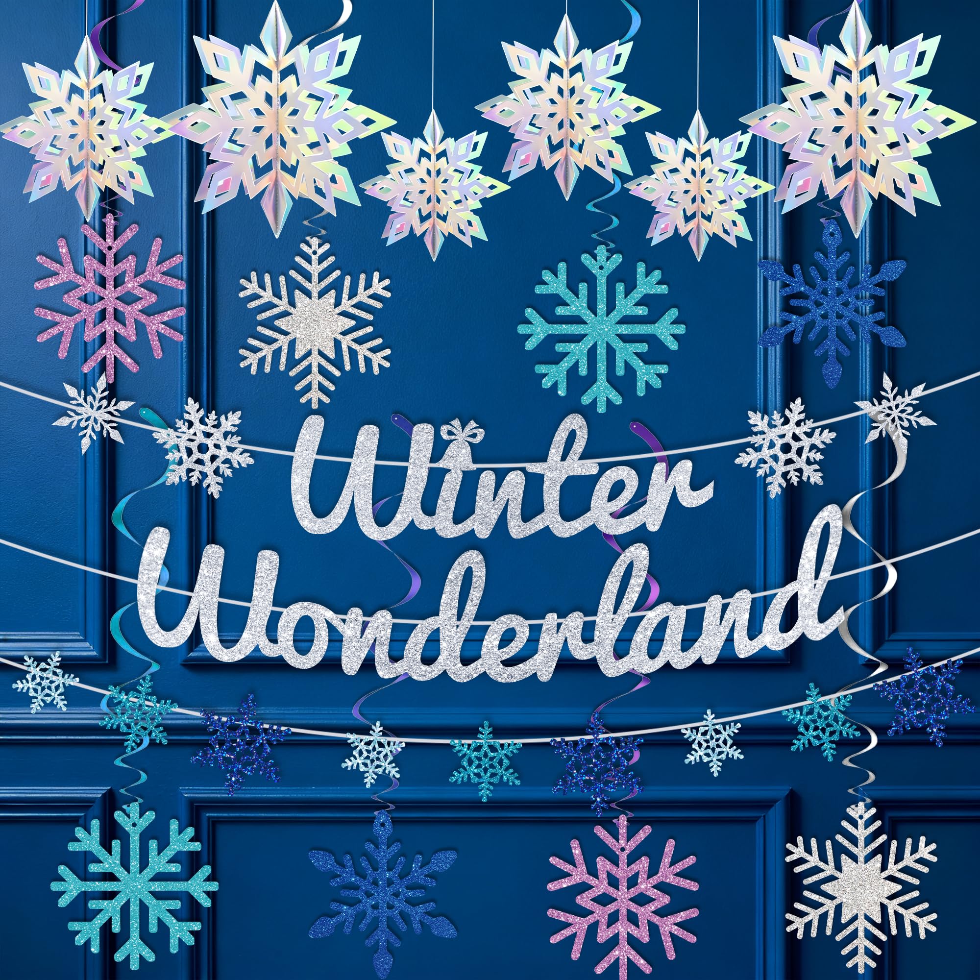 Winter Wonderland Banners, Glittery Snowflakes Hanging Swirls, 3D Laser ...