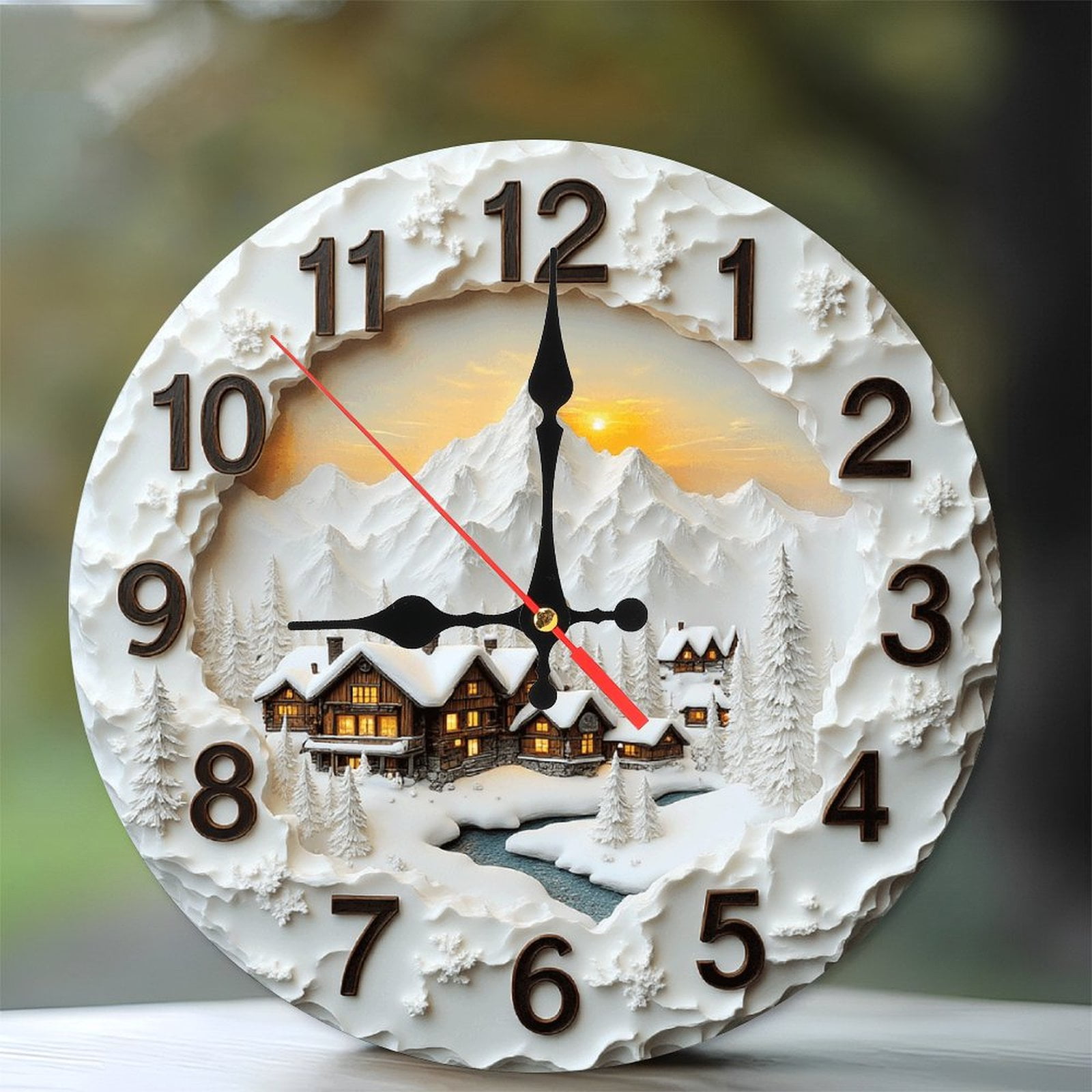 Winter Wonderland Mountain Cabin Clock 10-Inch Silent Wooden Wall Clock ...