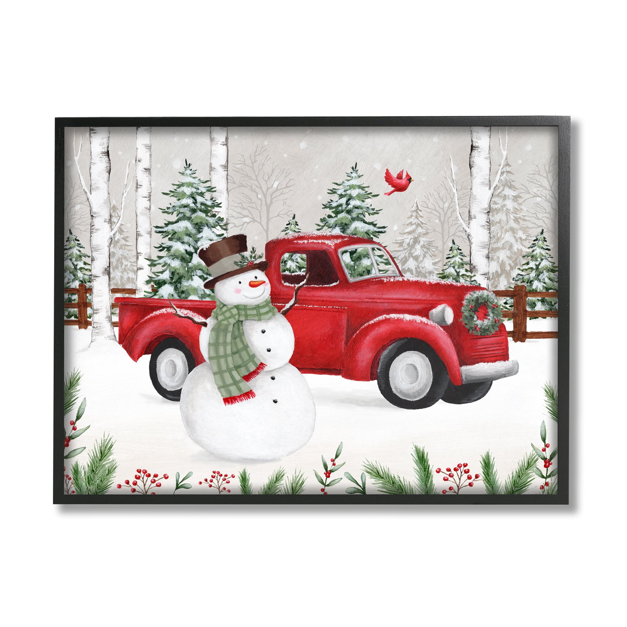 Winter Wonderland Snowman Cardinal Snowy Red Truck Transportation ...