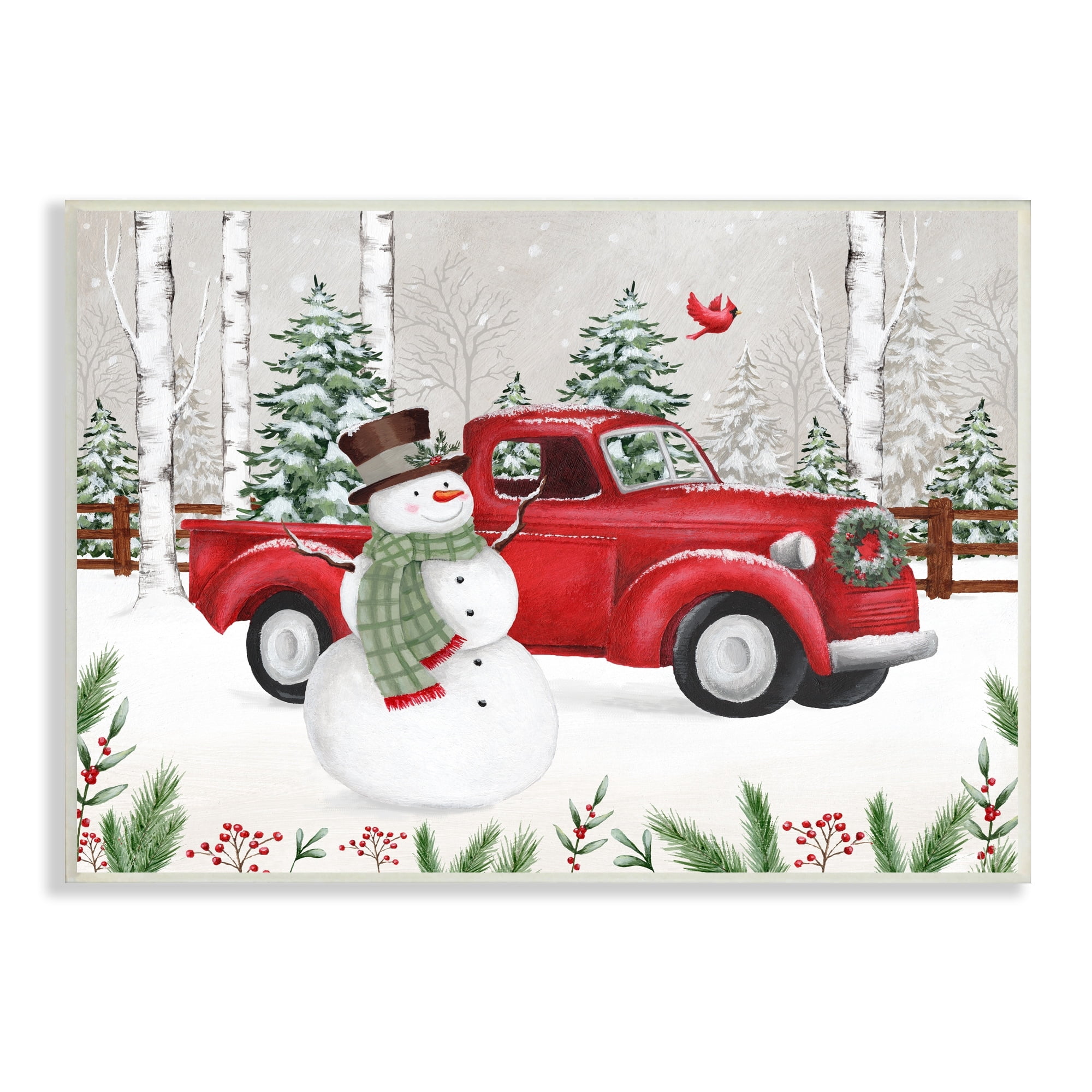 Winter Wonderland Snowman Cardinal Snowy Red Truck Transportation ...