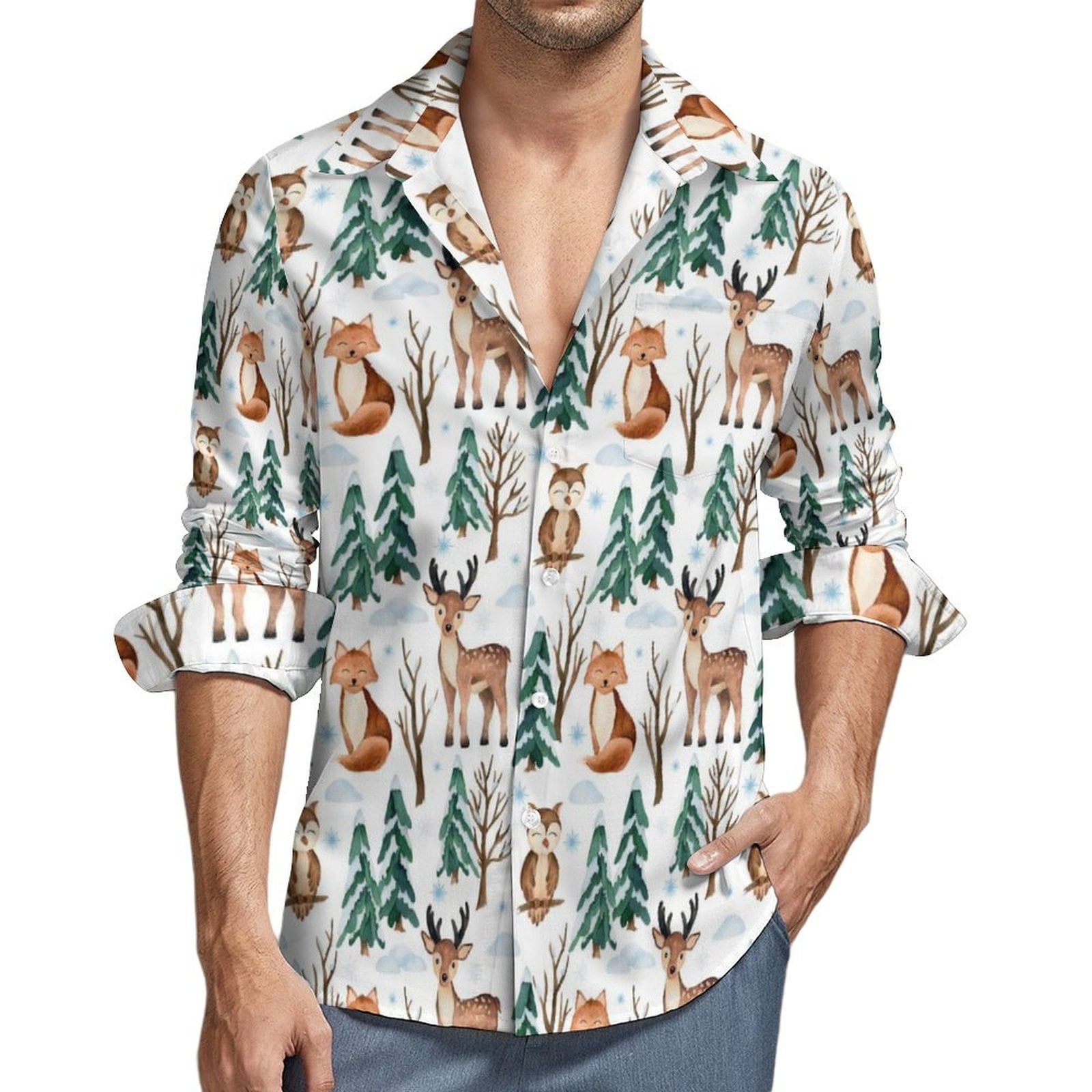 Winter Woodland Friends Mens Long Sleeve Button Down Shirts, Casual Men ...