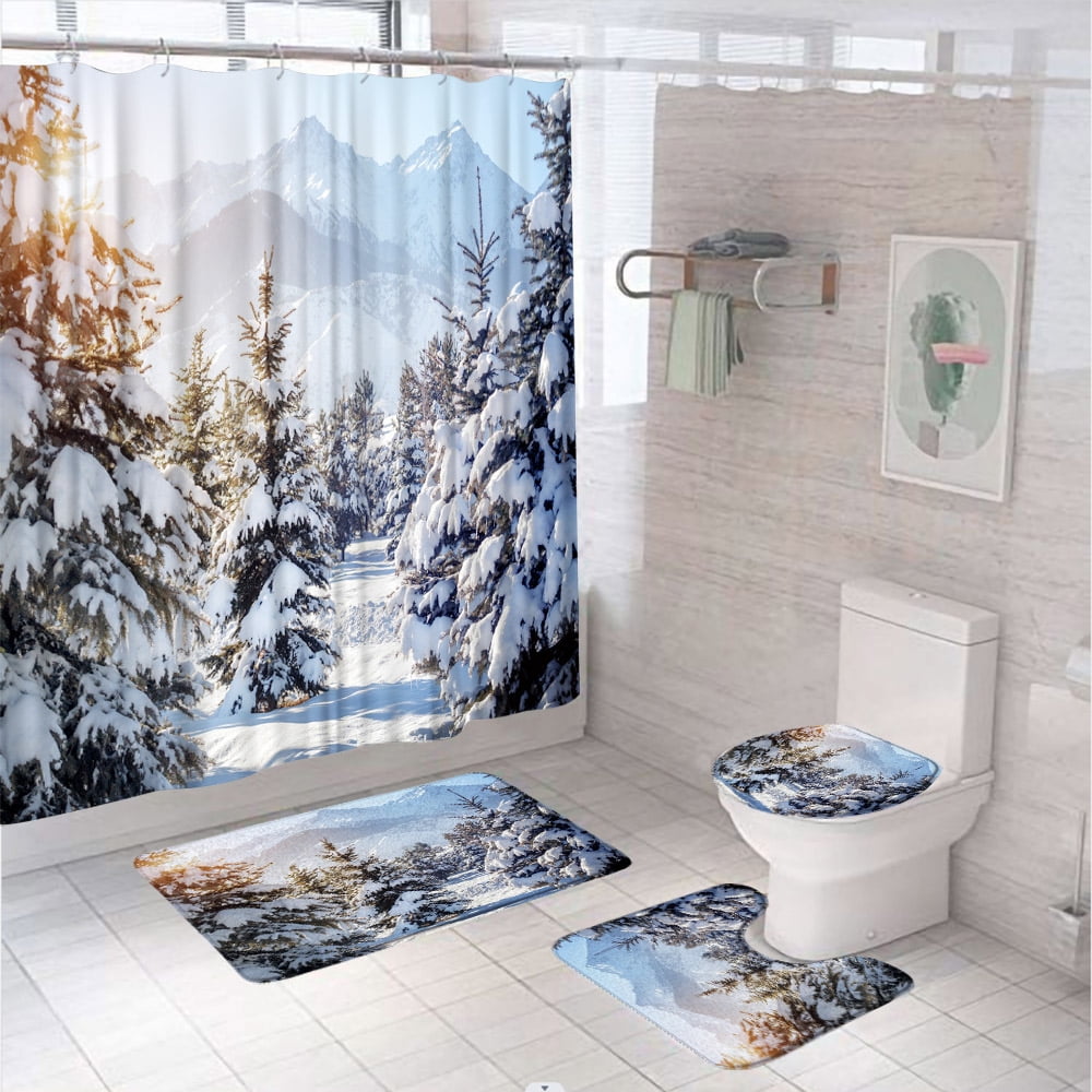 Winter Woodland Snow Shower Curtain Set Pine Tree Forest Snowy Mountain ...