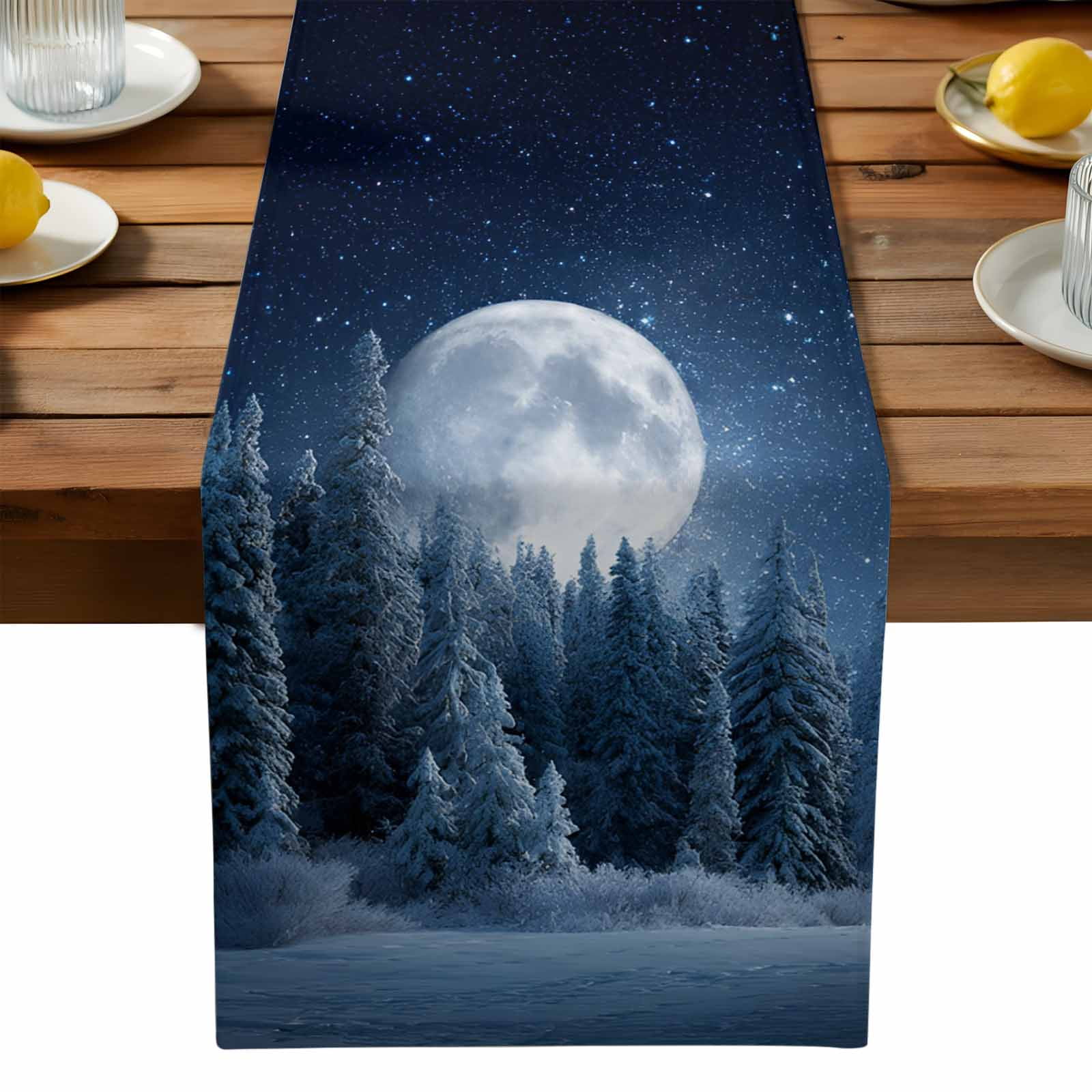 Winter Woods Landscapes Table Runner-72 Inch Long Abstract Moon Night ...