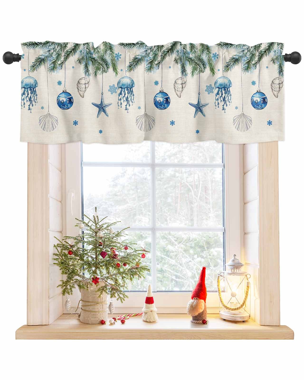 Winter Xmas Ball Pine Needle Snow Window Valance for Kitchen, Seashell ...