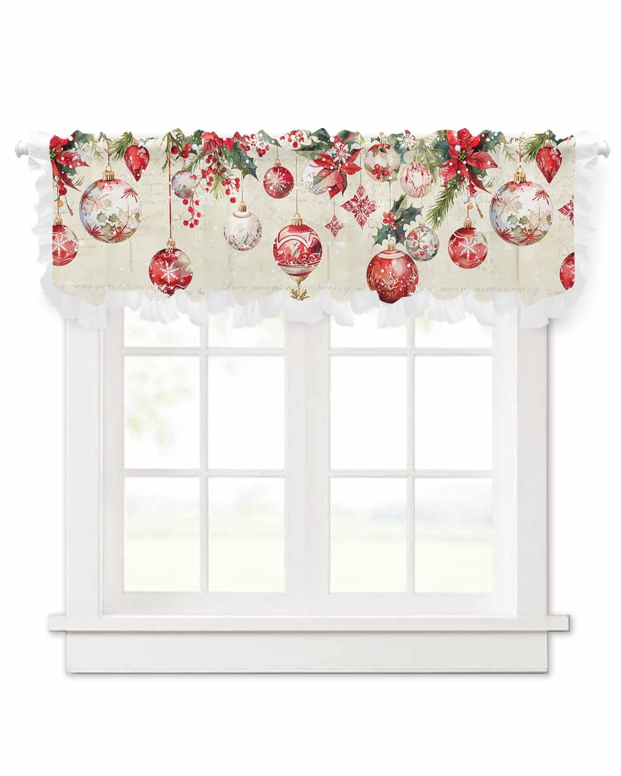 Winter Xmas Ball Poinsettia Flower Ruffled Valance for Windows, Cedar ...