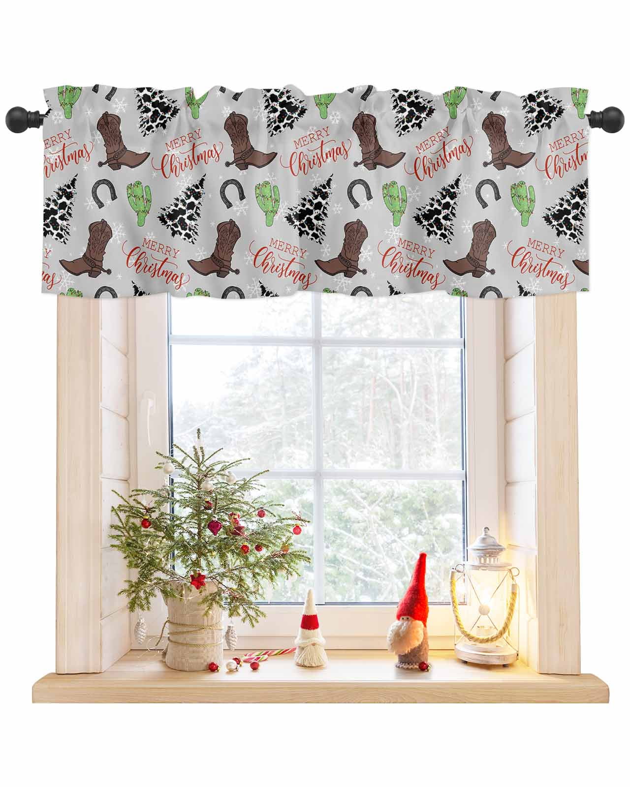 Winter Xmas Cow Print Tree Cactus Window Valance for Kitchen, Western ...