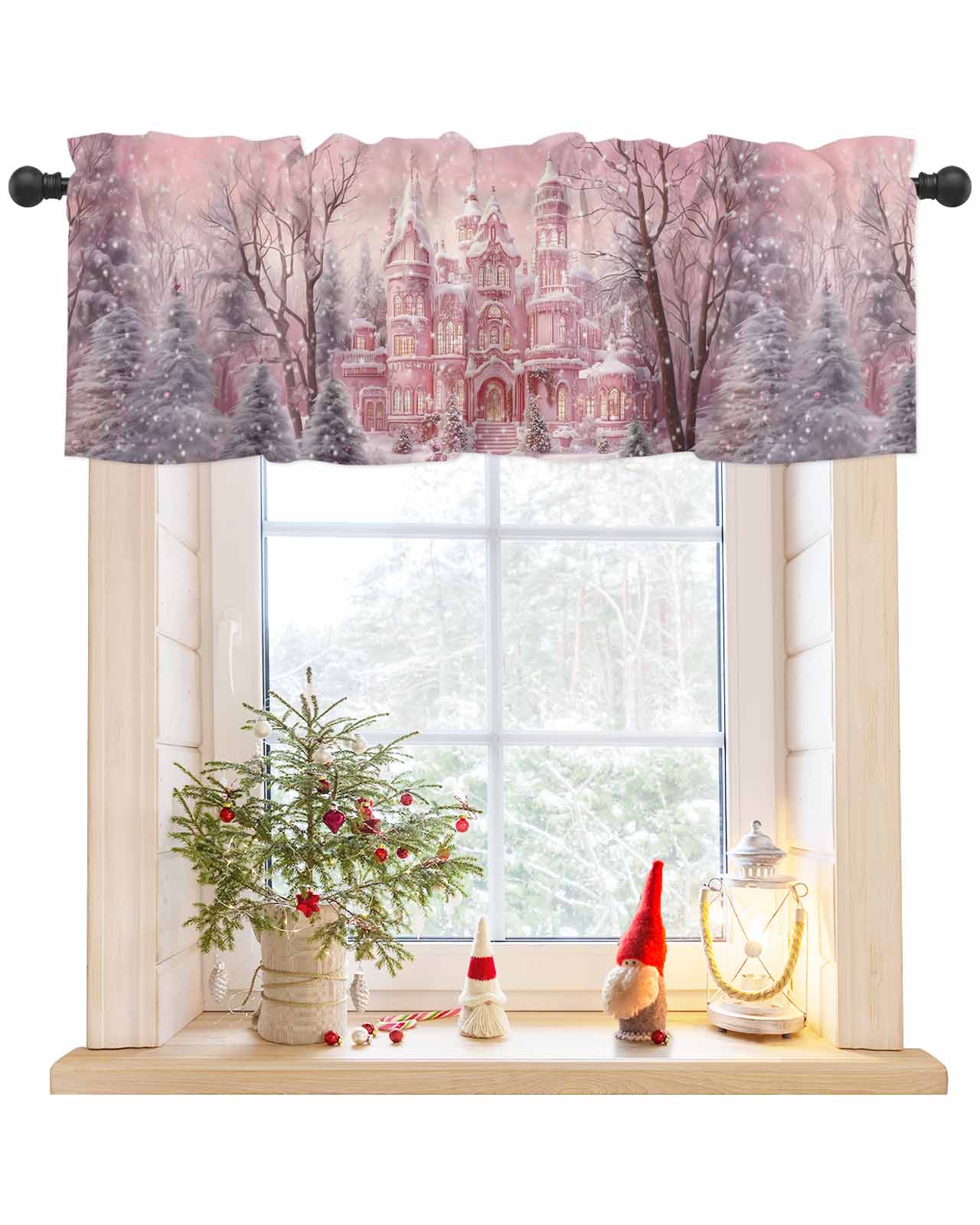 Winter Xmas Peach Castles Window Valance for Kitchen, Pine Tree Forest ...