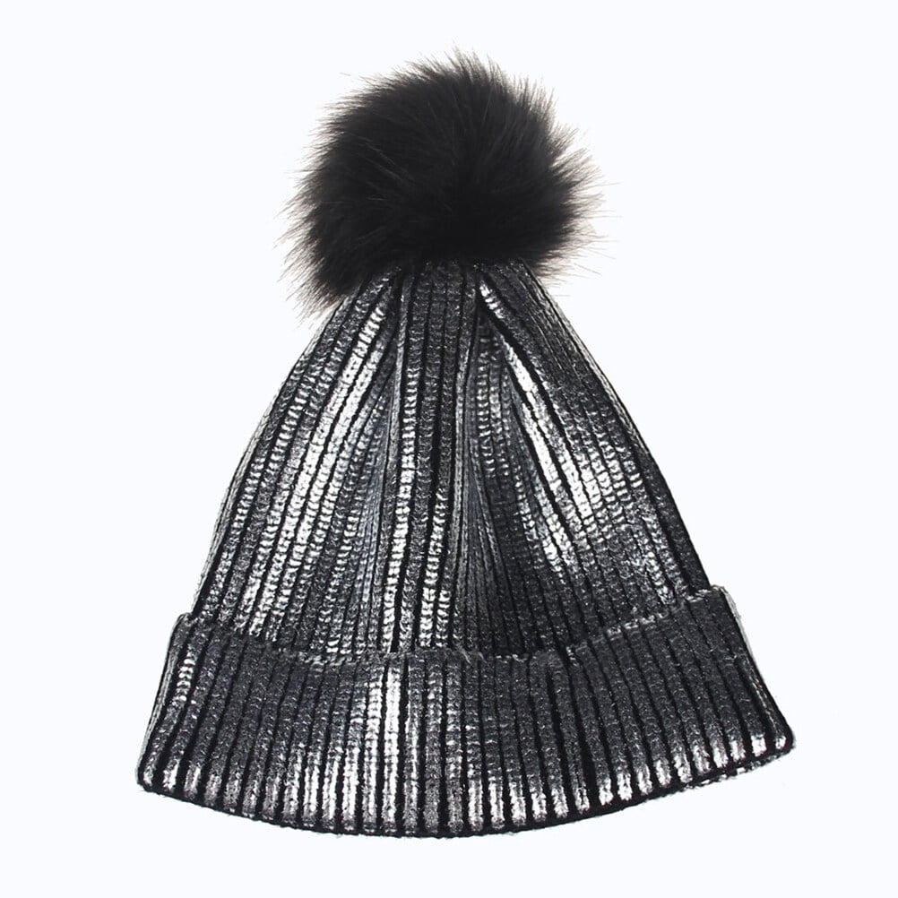 Winter and Fall Chic Beanie Metallic Shiny Beanie Skull Pom Pom Hats ...