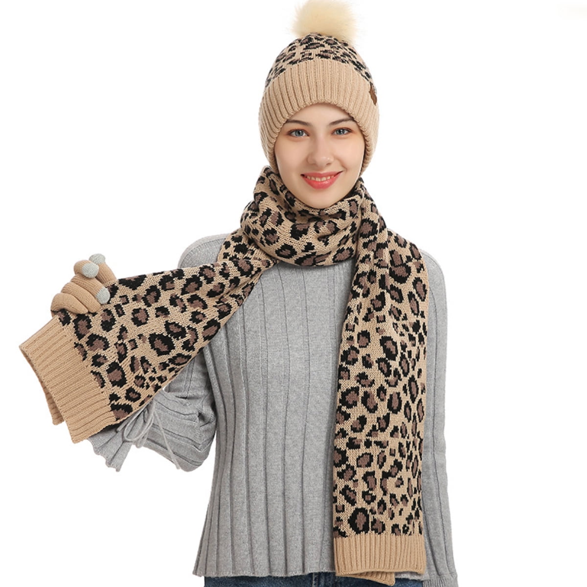Winter leopard print knit cap Long scarf and touch screen gloves three ...