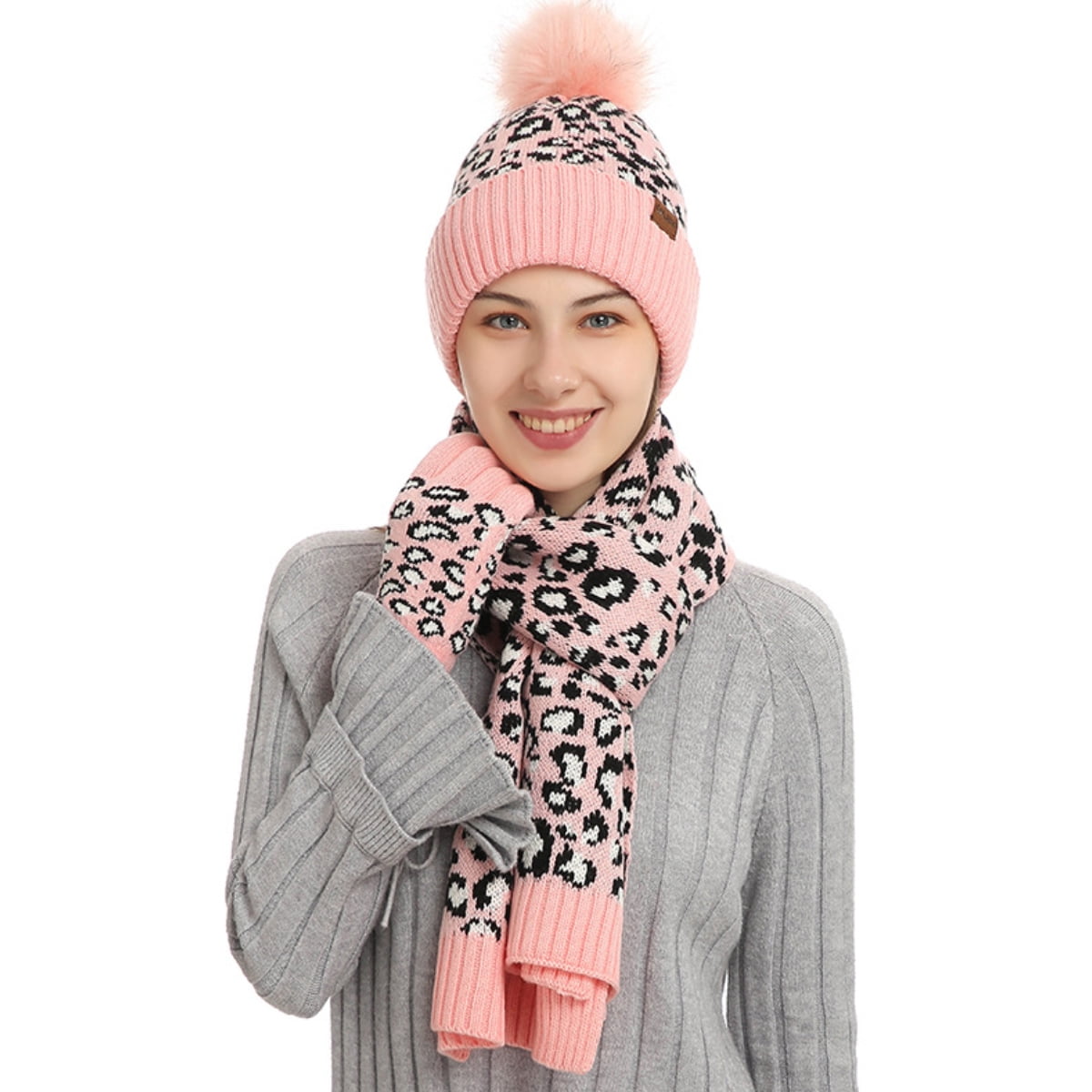 Winter leopard print knit cap Long scarf and touch screen gloves three ...