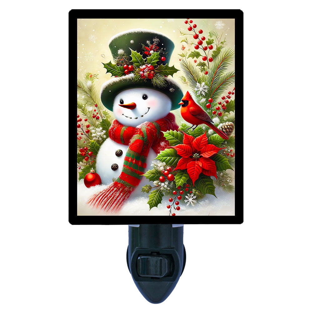Winter's Cheer Night Light – Snowman with Cardinal Bird and Poinsettia ...