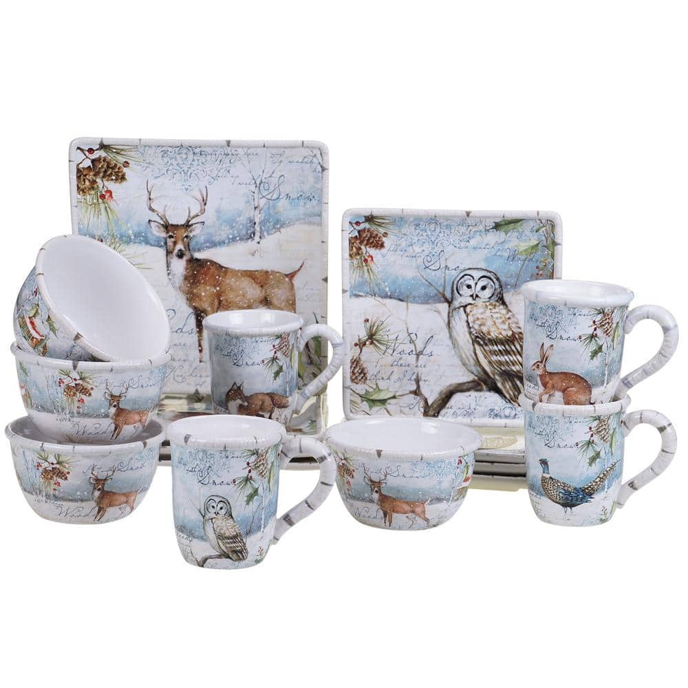 Winter's Lodge 16-Piece Seasonal Assorted Colors Ceramic Dinnerware Set ...