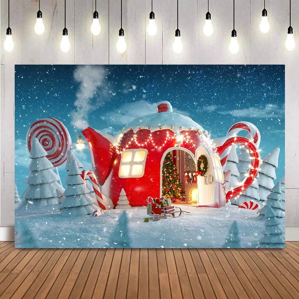 Winter snow backdrop for photography studio red christmas candy house ...
