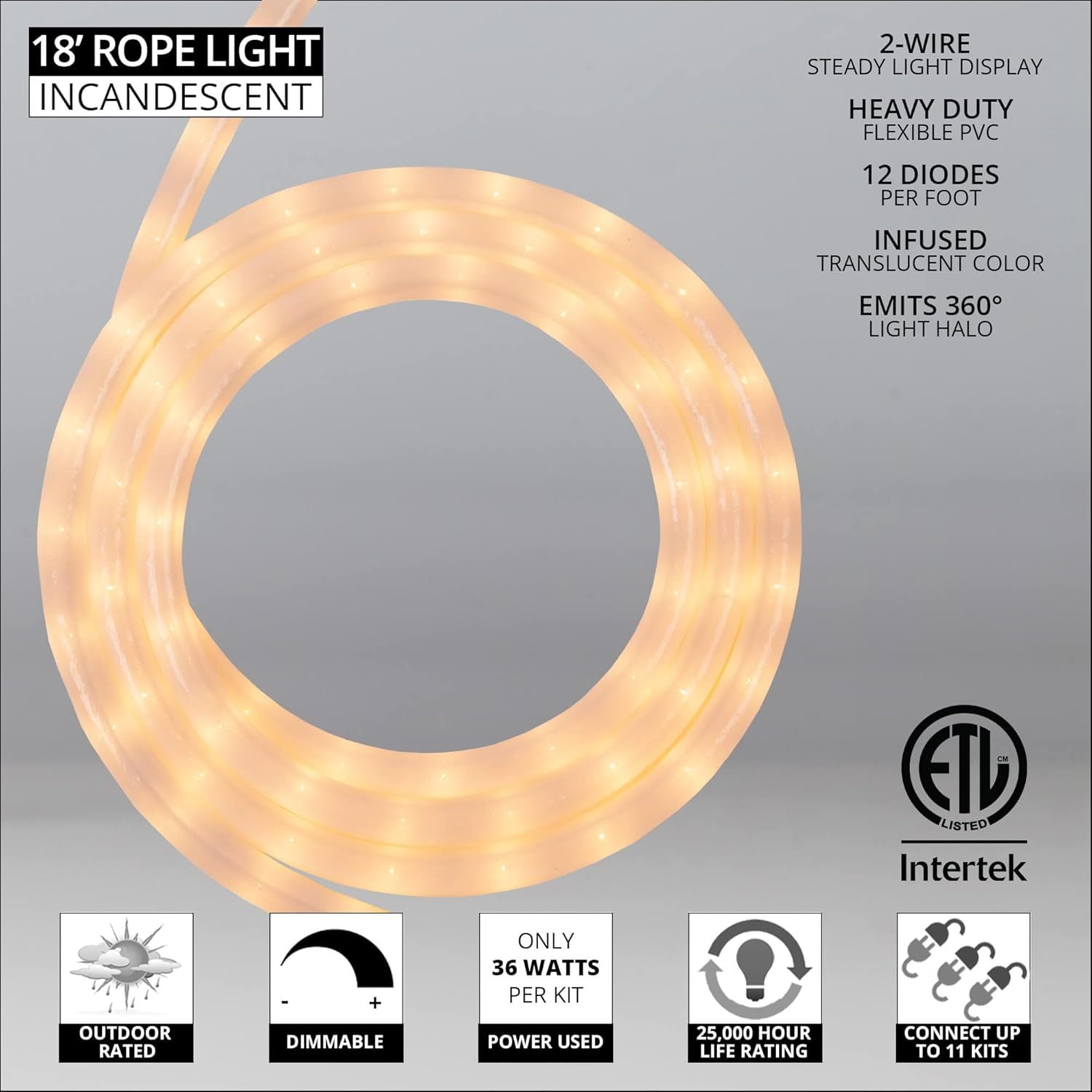 Wintergreen Lighting 18ft 216-Bulb Incandescent Heavy Duty Rope Light ...