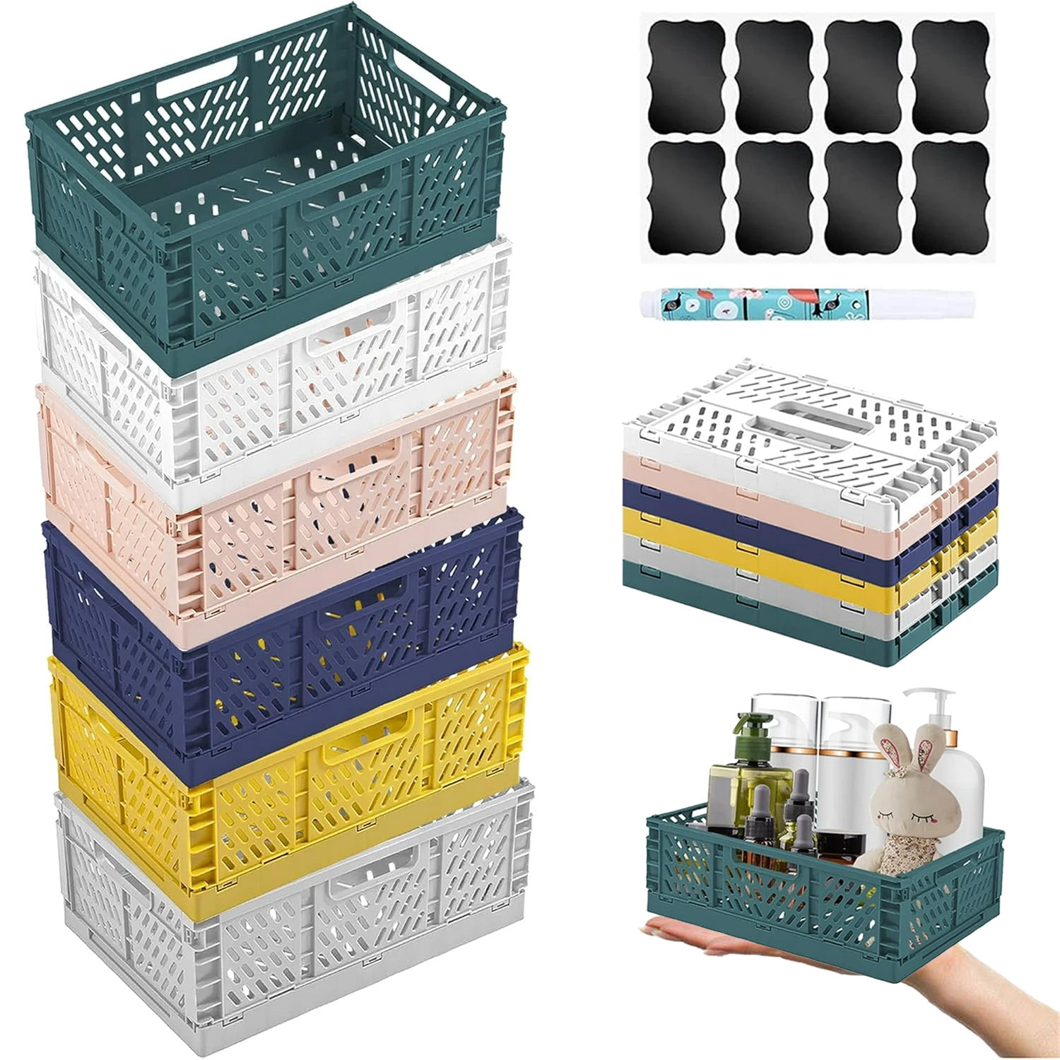Wintfarm 6 Pack Collapsible Crates for Storage, Plastic Folding Basket ...