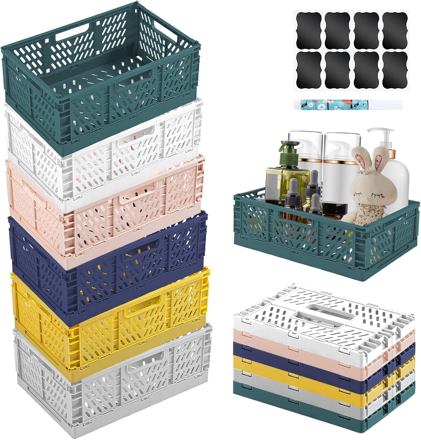 Wintfarm 6 Pack Collapsible Crates for Storage, Plastic Folding Basket ...