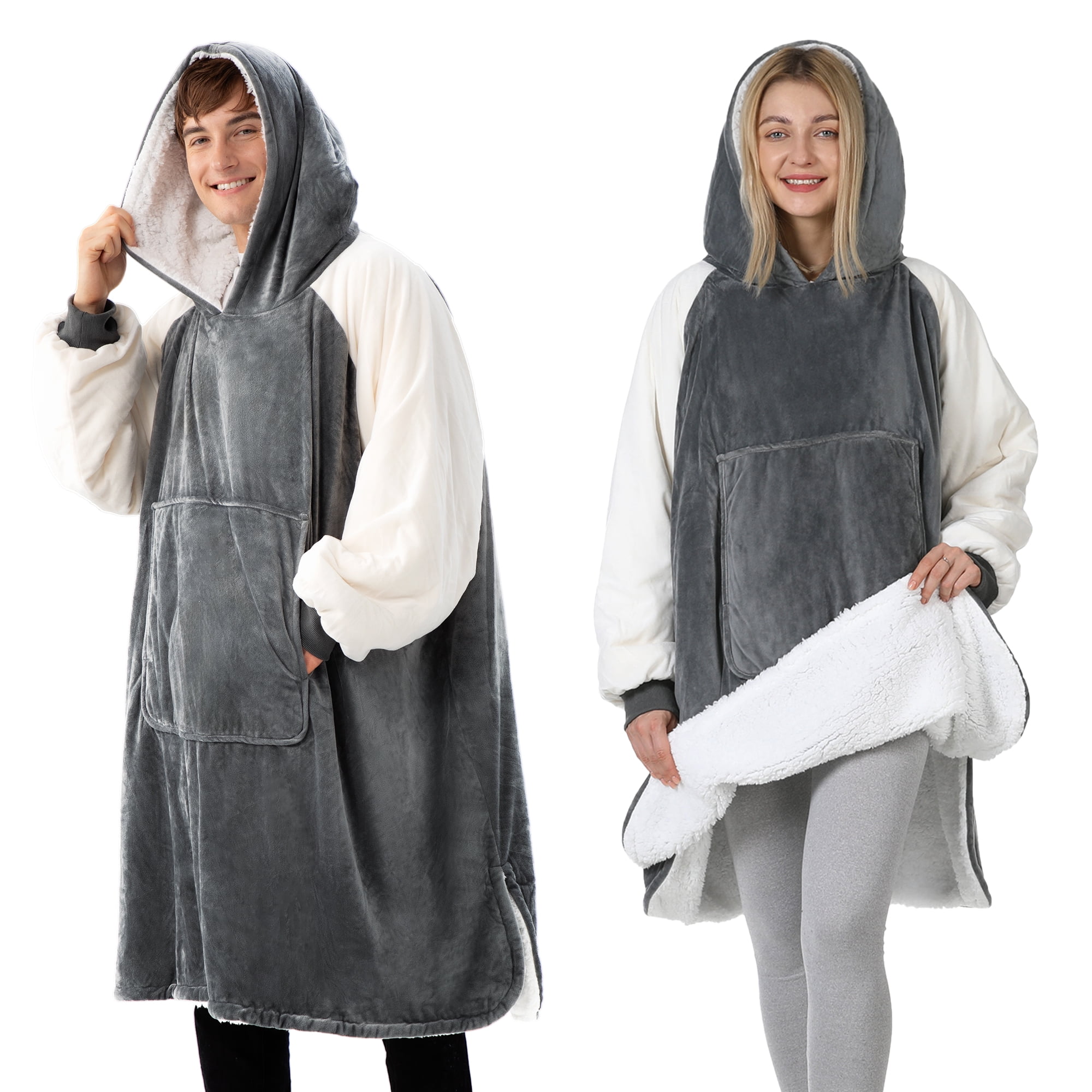 Winthome Blanket Hoodie, Oversized Sherpa Fleece, Gray Beige XL, Unisex ...