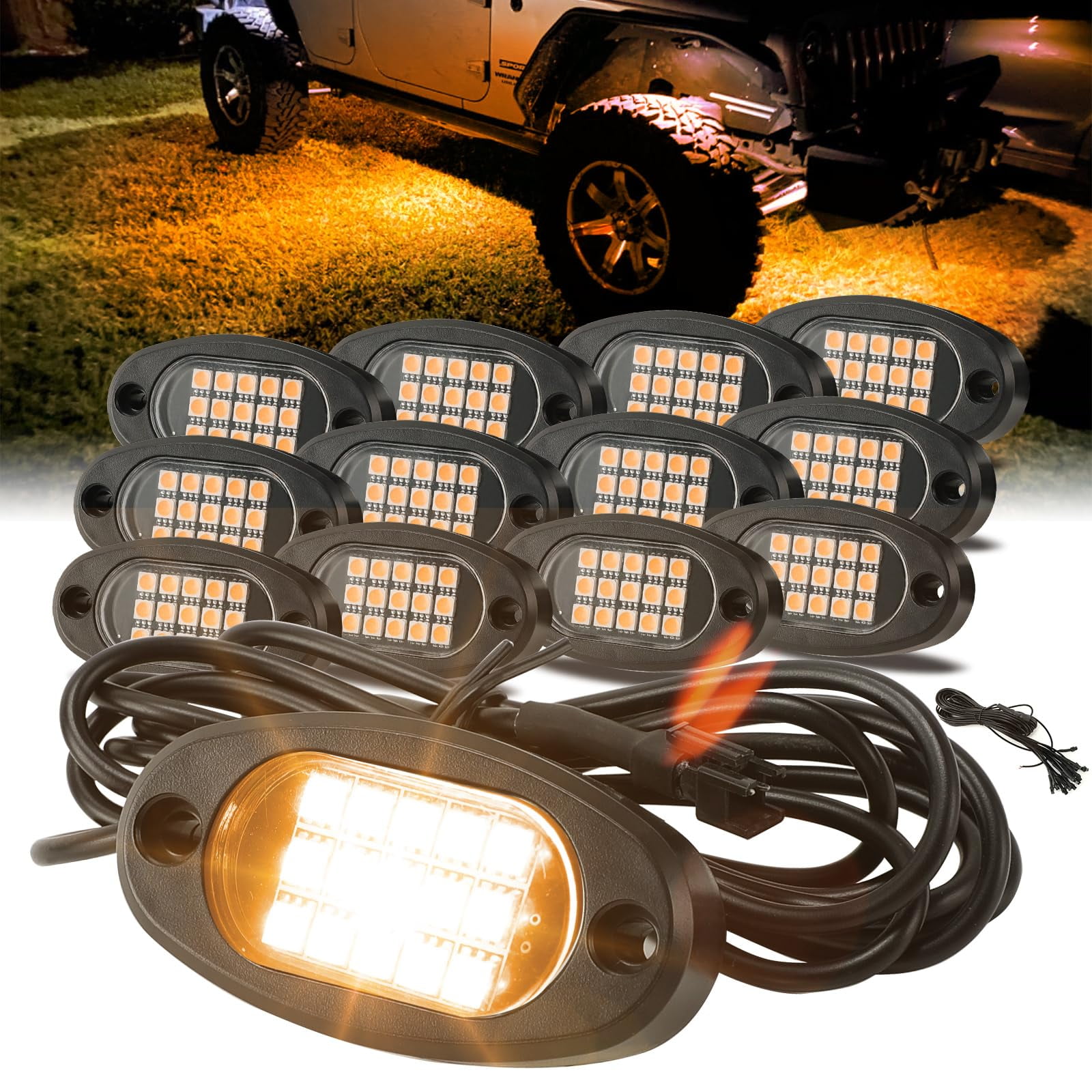 Winunite 12 Pods Amber STF9 Rock Lights with 13.Ft(4M) Wires Each Light ...