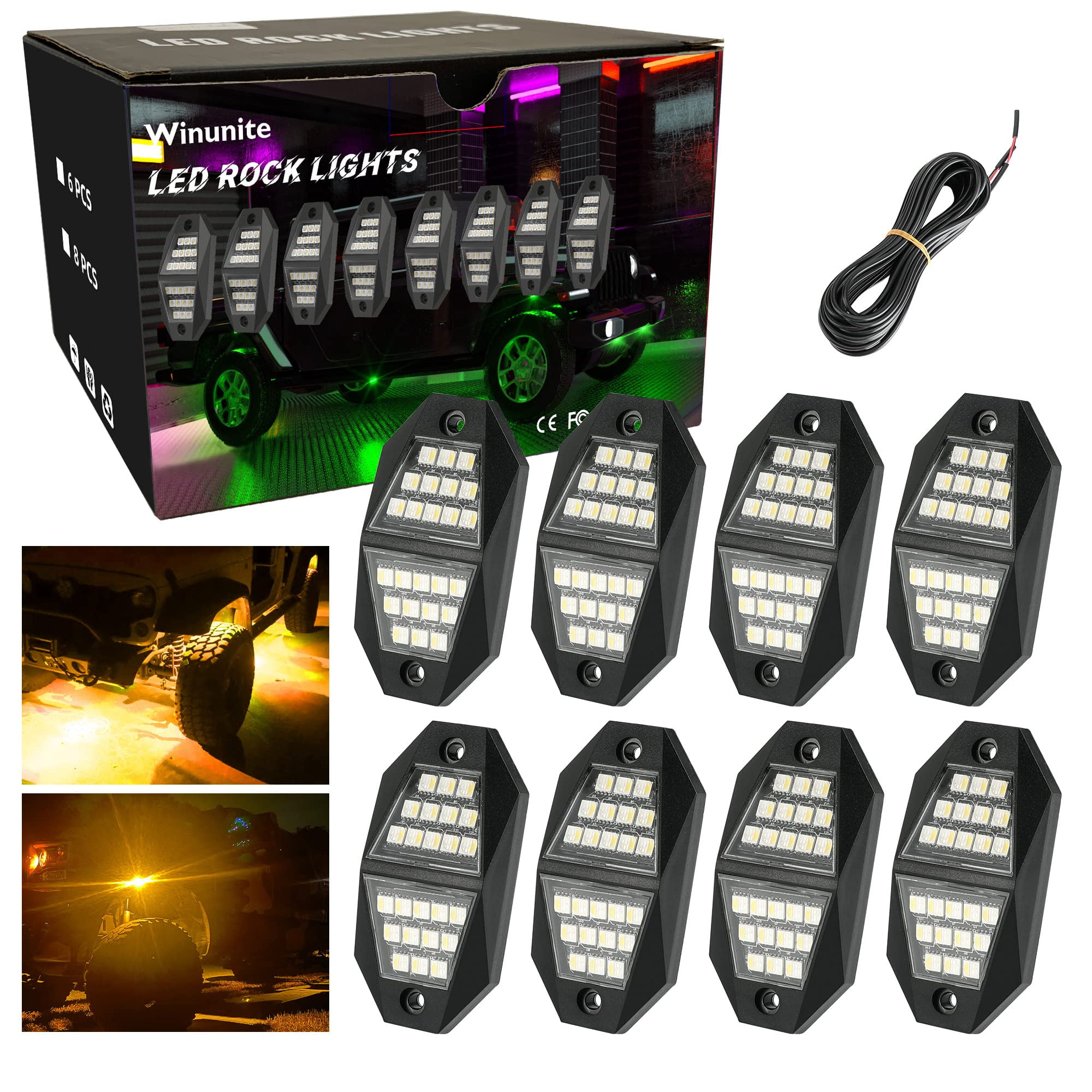 Winunite 8 Pods Amber CM31 Wide Angle LED Rock Lights IP67 Waterproof ...