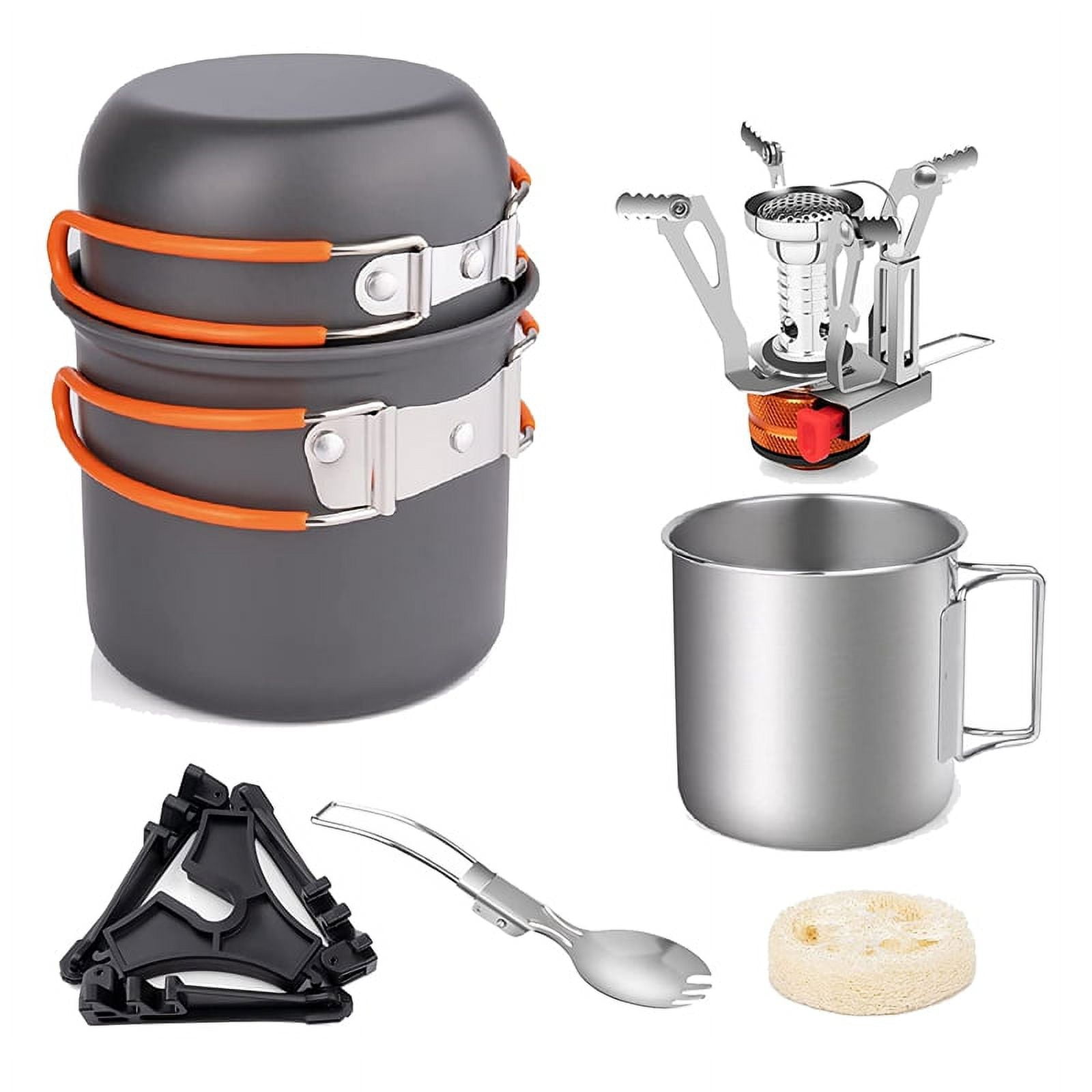 Qtmnekly Camping Pot and Pan Set with Mini Backpacking Stove Cooking ...