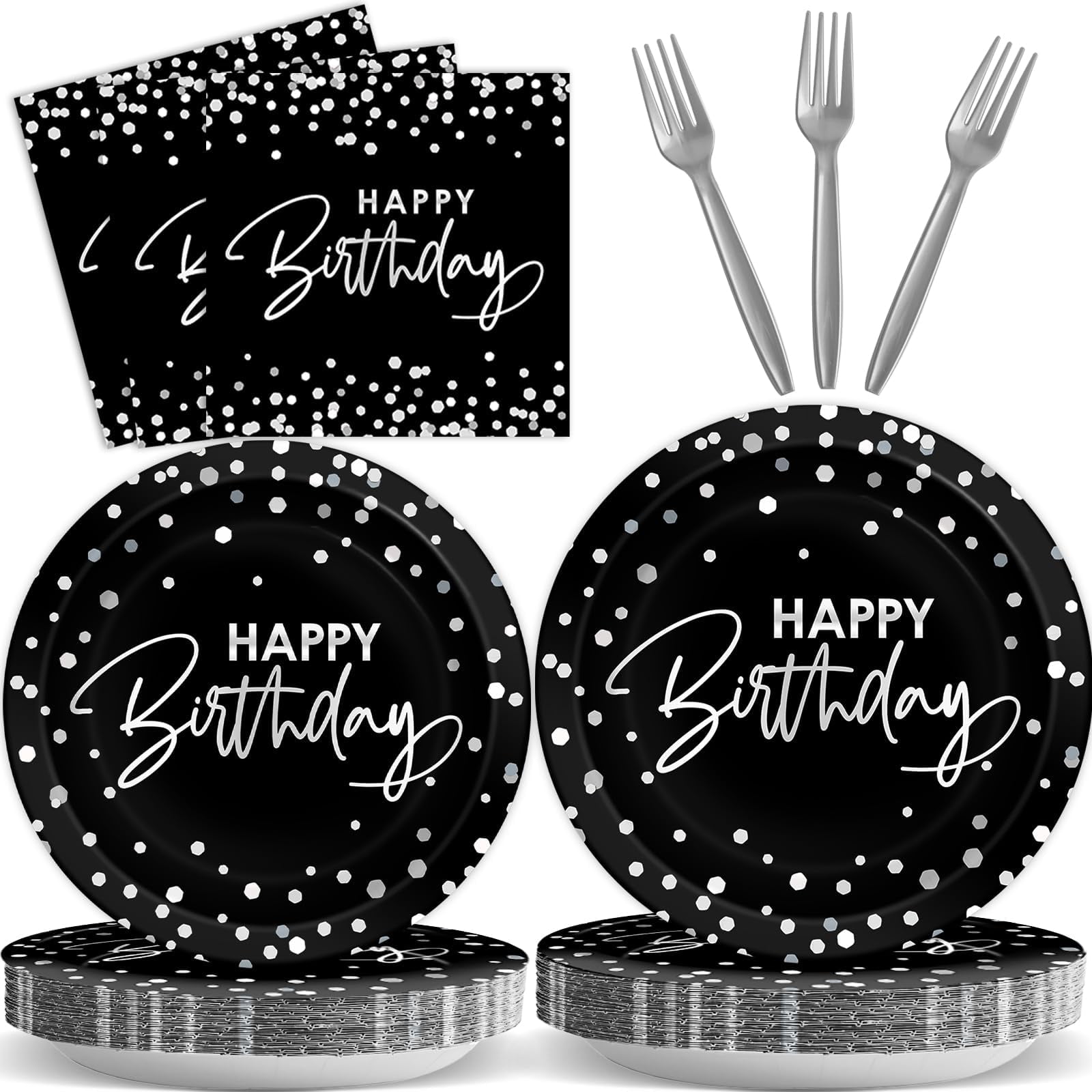 Wiooffen 96PCS Black Silver IEF31 Birthday Paper Plates Party Supplies ...