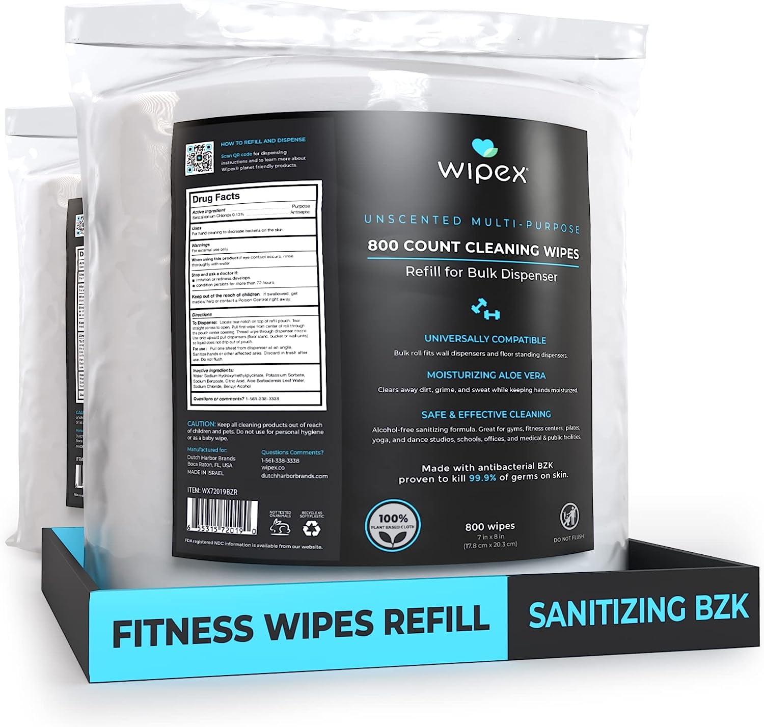 Wipex Gym & Fitness Wipes, 800 ct with BZK Antiseptic Refill Roll for ...