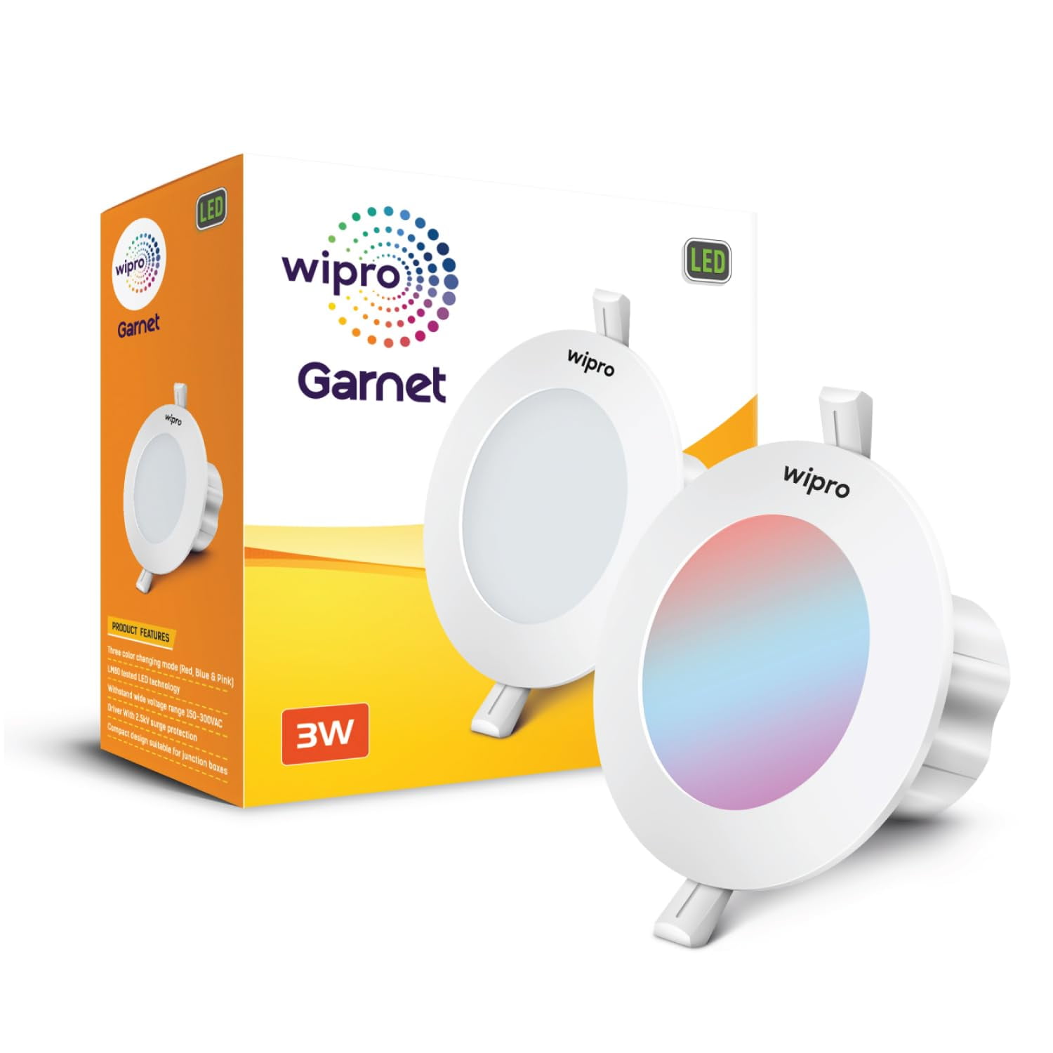 Wipro Garnet 3W LED Mini Downlight Colour Changing RedBluePink Compact ...