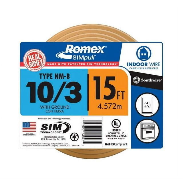 Romex 10/3 Gauge Grounding Electrical Cable, 15ft Wire NM-B W/G Voltage ...