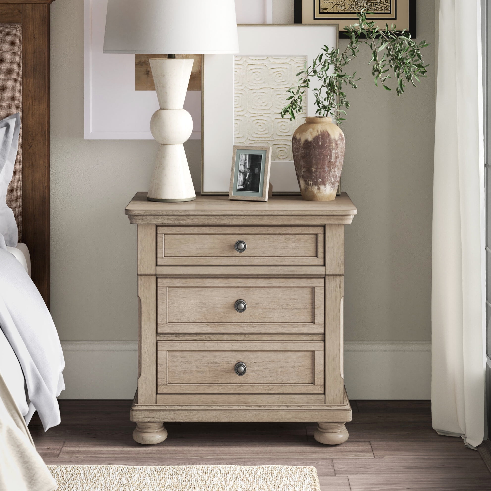 Wire Brushed Gray Bedroom Nightstand, Birch Veneer, 2 Drawers, No ...