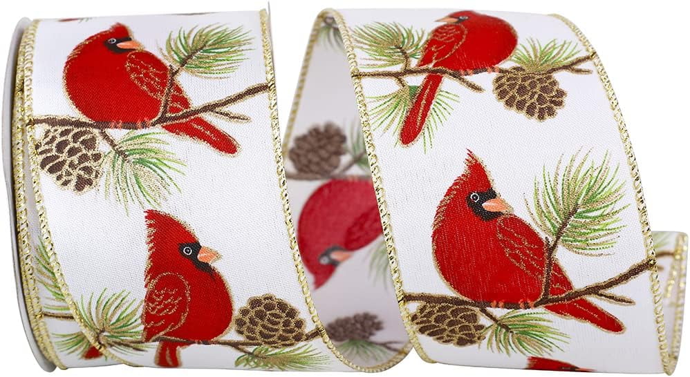 Wire Edged Cardinal Pinecone Perch Red and White Christmas Ribbon 2 1/2 ...