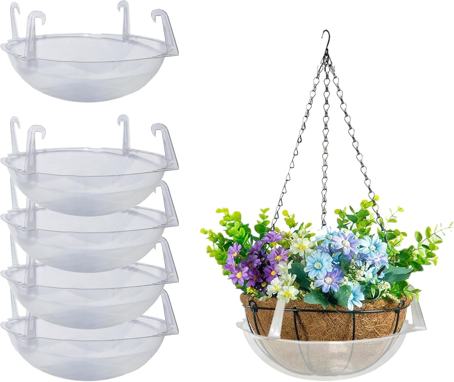 Wire Hanging Basket Drip Pans (5-Pack) | Clear, Round (12” - 14" Top, 3 ...