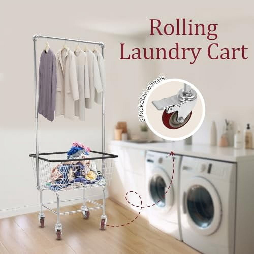 Wire Laundry Cart with Hanging Rack, Wire Laundry Basket With Wheels 27 ...