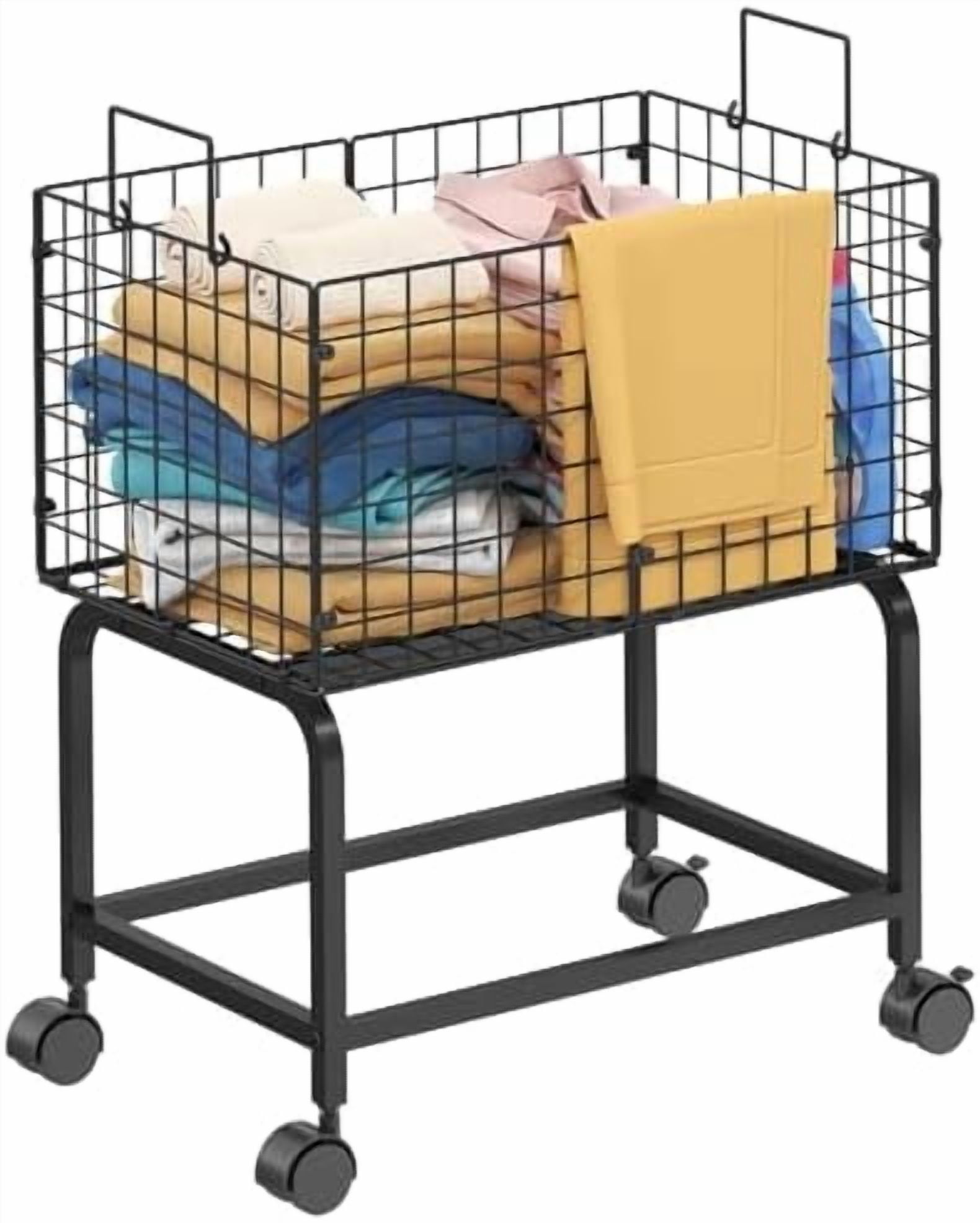 Wire Laundry Hamper Cart,Rolling Laundry Carts with Pull Handle,Black ...