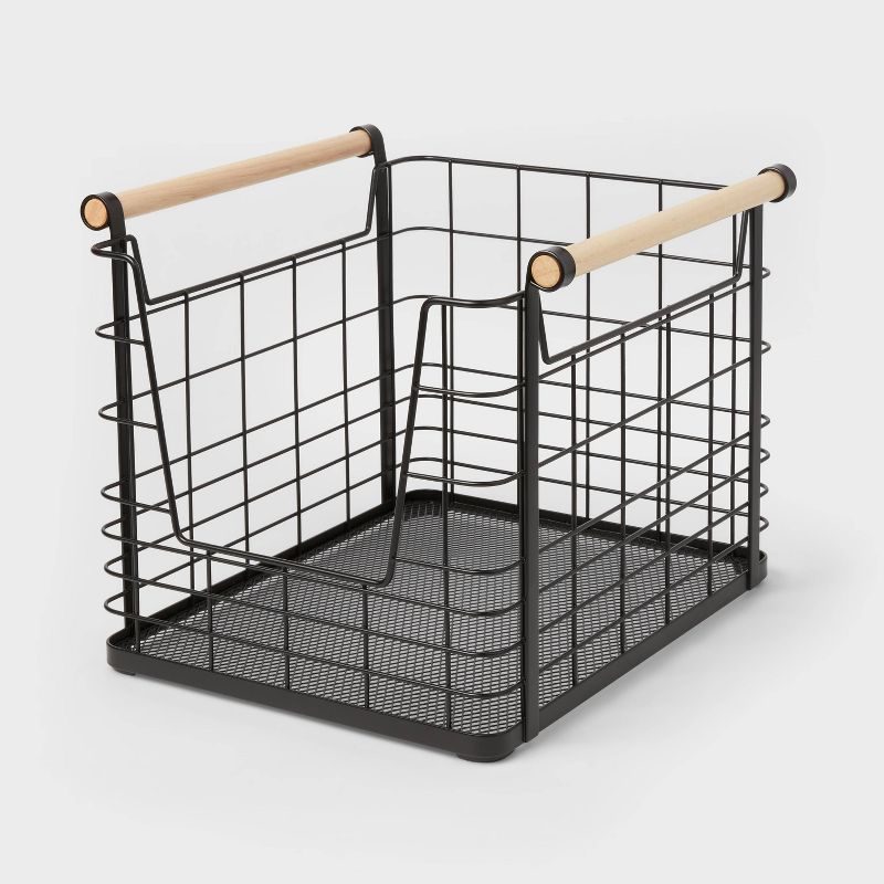 Wire Open Front Basket Black with Natural Wood Handles - Walmart.com