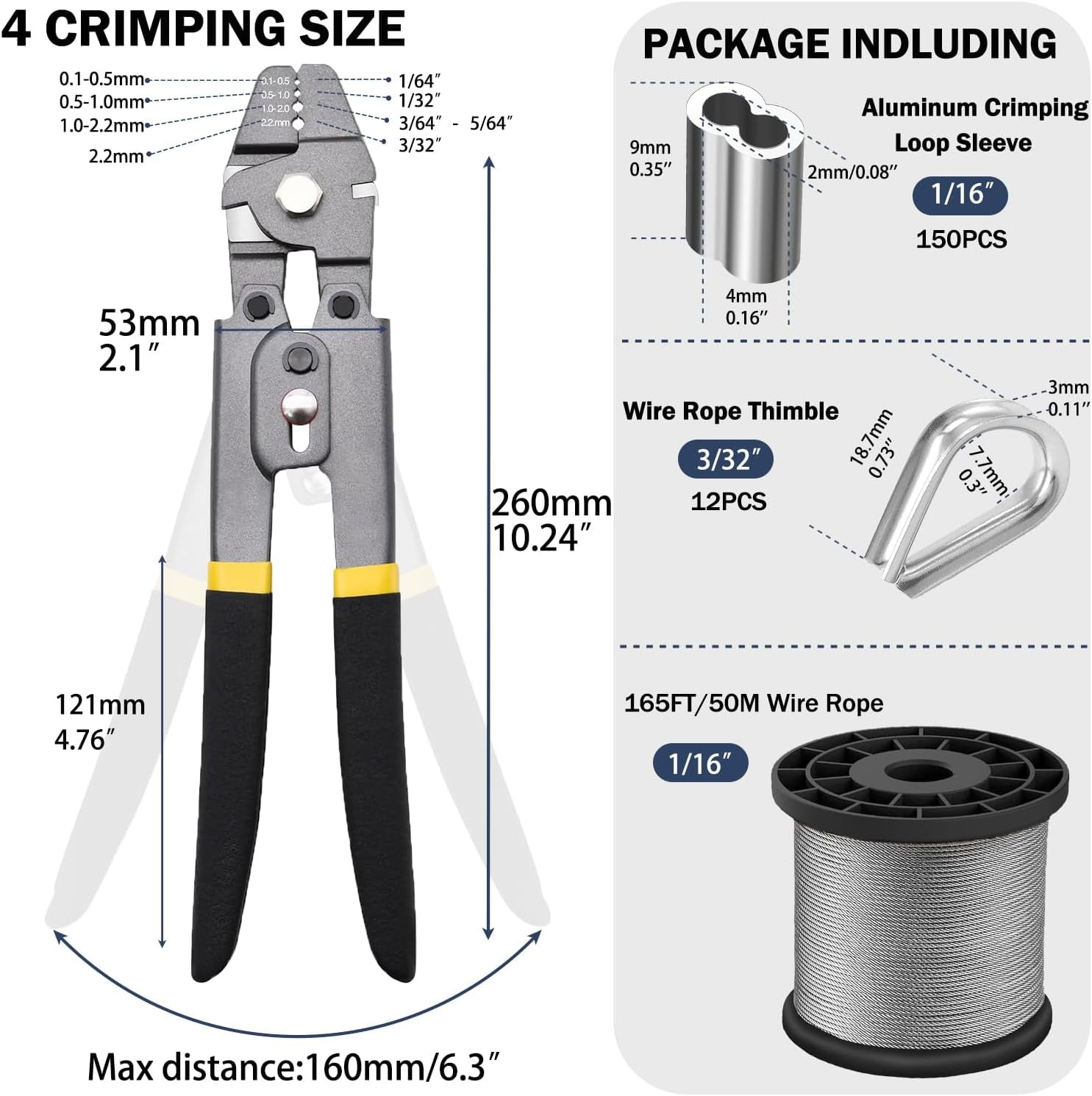 Wire Rope Crimping Tool Kit,165FT Wire Rope Kit,1/16" Stainless Steel ...