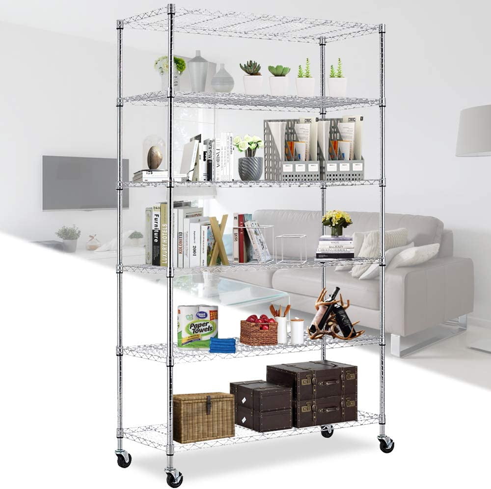 Wire Shelving Unit 6-Tier Height Adjustable Heavy Duty Metal Shelf with Wheels Utility Steel ...