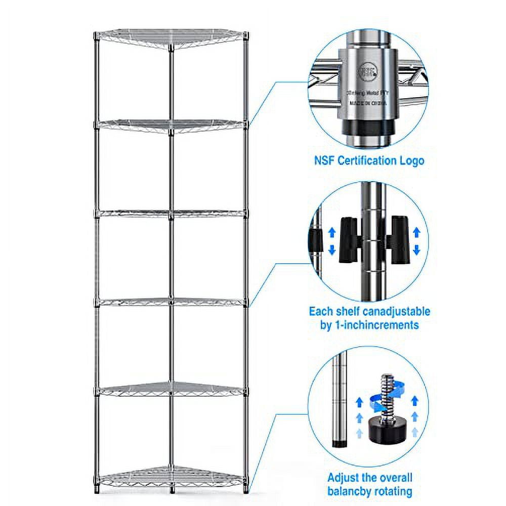 Wire Shelving Unit 6 Tier NSF Metal Corner Shelf , 600lbs Capacity ...