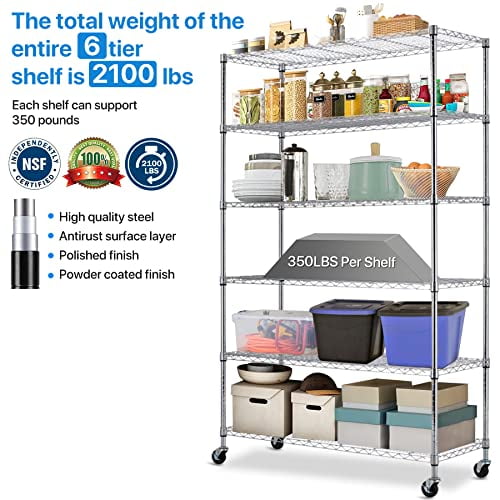 Wire Shelving Unit with Wheels, 6 Tier Adjustable Metal Shelving Heavy Duty Storage Shelves 2100 ...