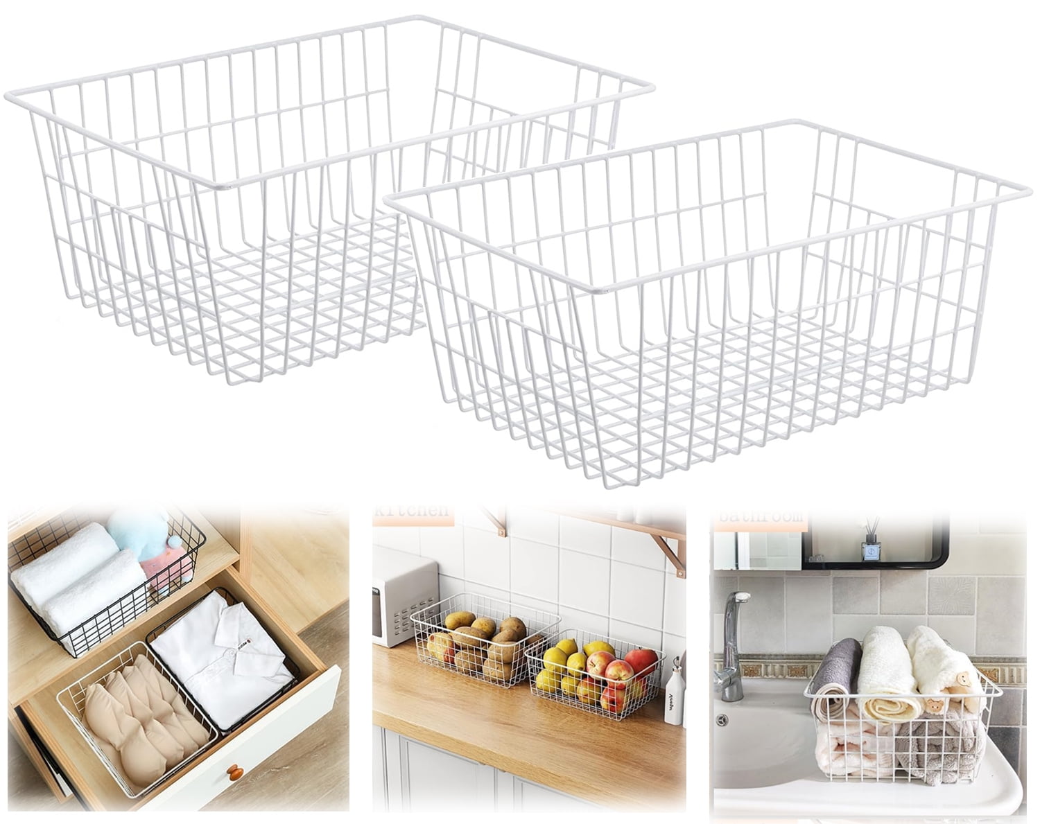 Wire Storage Basket, 2-Pack, Large Metal Basket for Laundry,Shelf ...