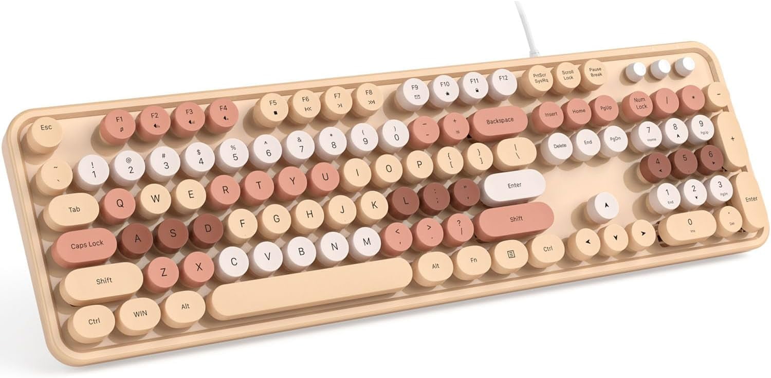 Wired Computer Keyboard, Milk Tea Colorful Typewriter Keyboards, Round ...
