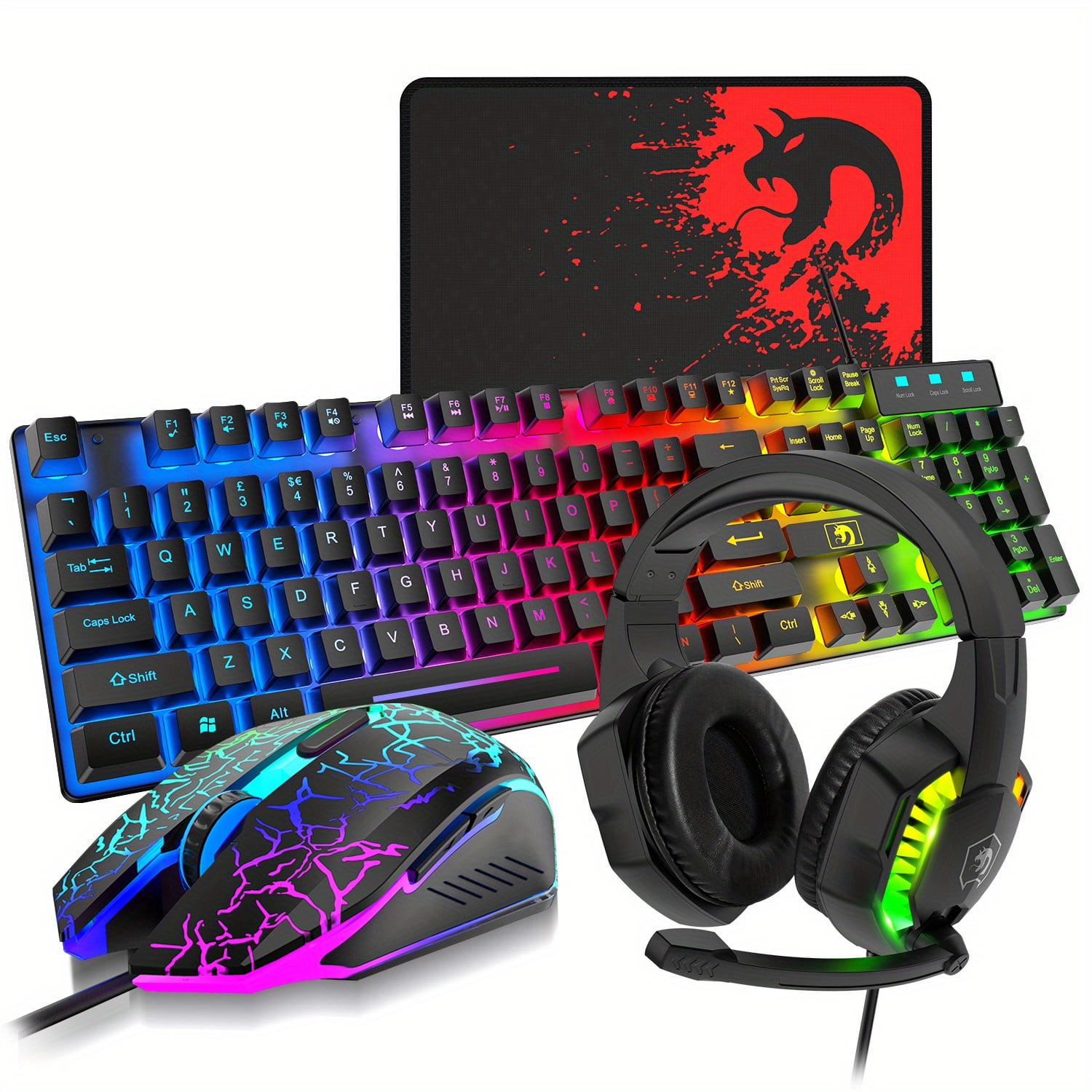 Wired Gaming Keyboard and Mouse Headset Combo, Rainbow LED Backlit ...